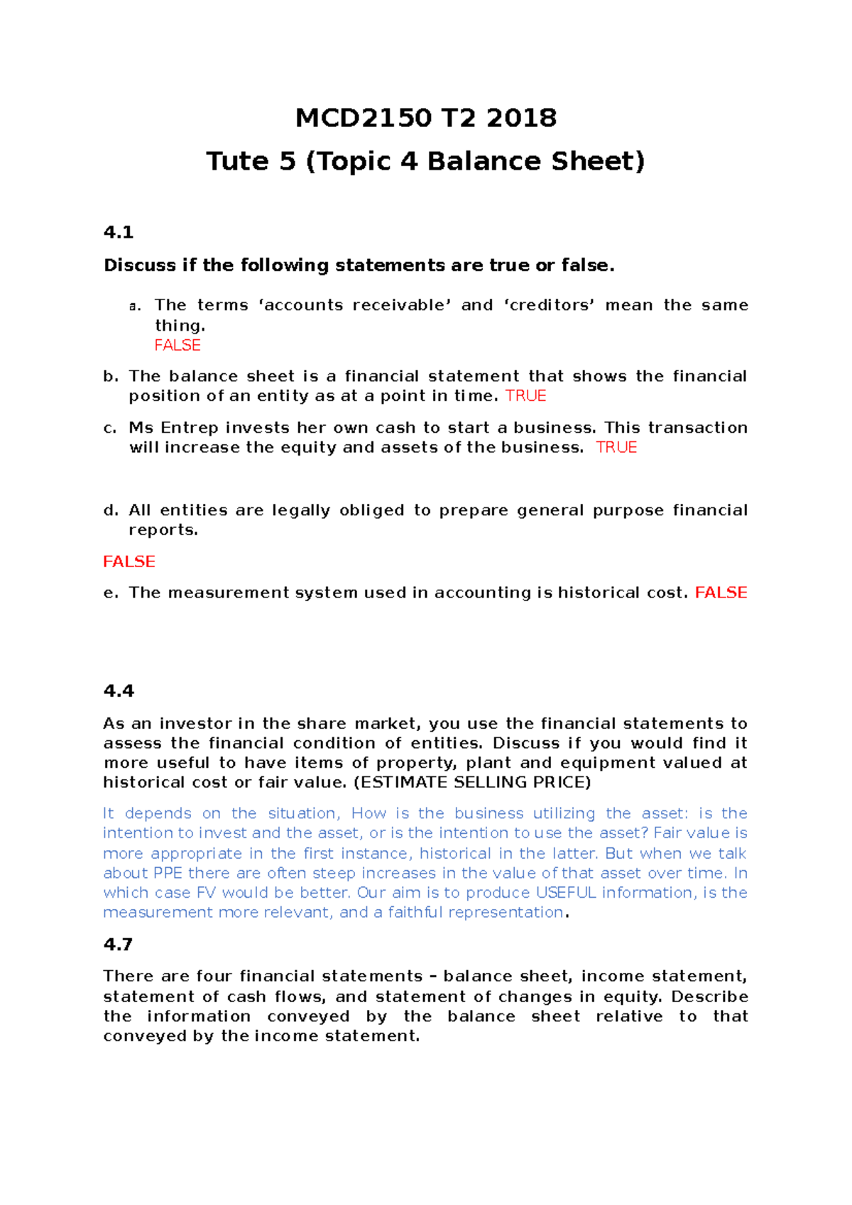 Tute 5 textbook questions - MCD2150 T2 2018 Tute 5 (Topic 4 Balance ...