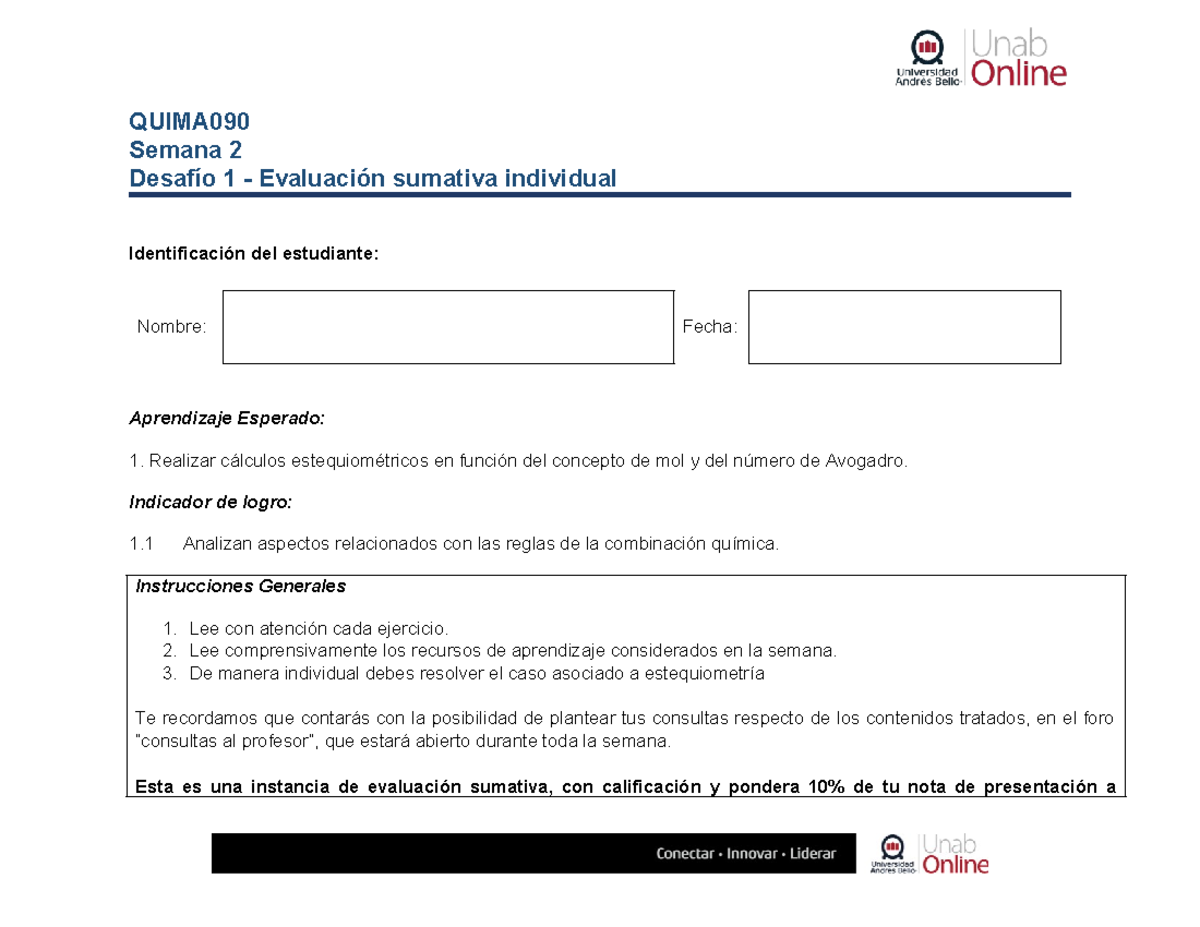 Quima 090 s2 entregable - QUIMA Semana 2 Desafío 1 - Evaluación sumativa individual ...