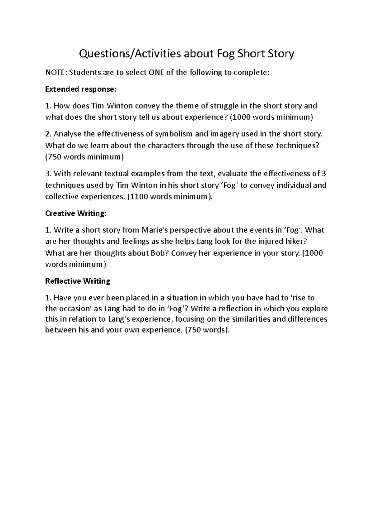 Writing Activities- Fog - Questions/Activities about Fog Short Story ...