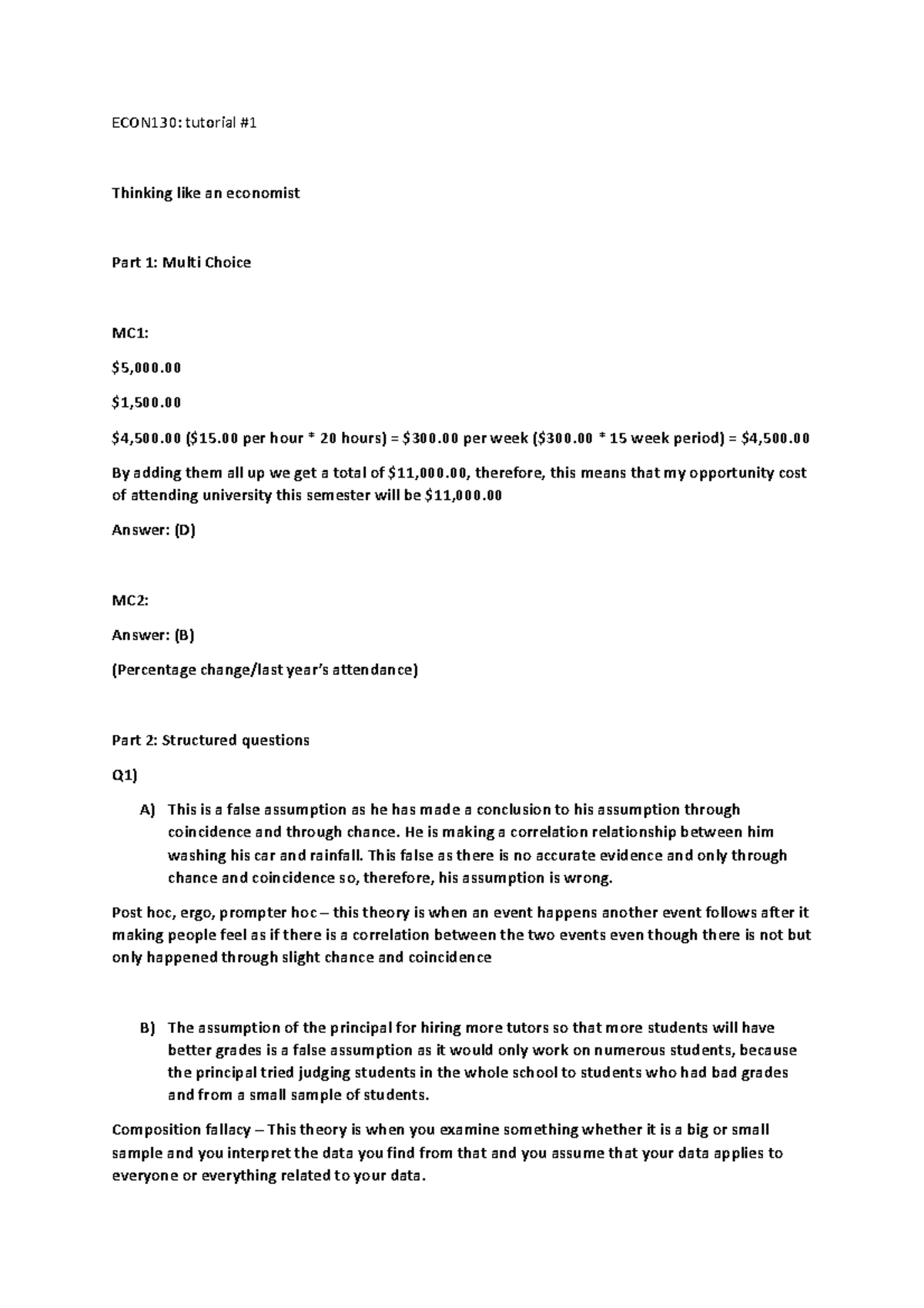 Econ130 Tutorial Exercise #1 - ECON130: tutorial # Thinking like an economist Part 1: Multi ...