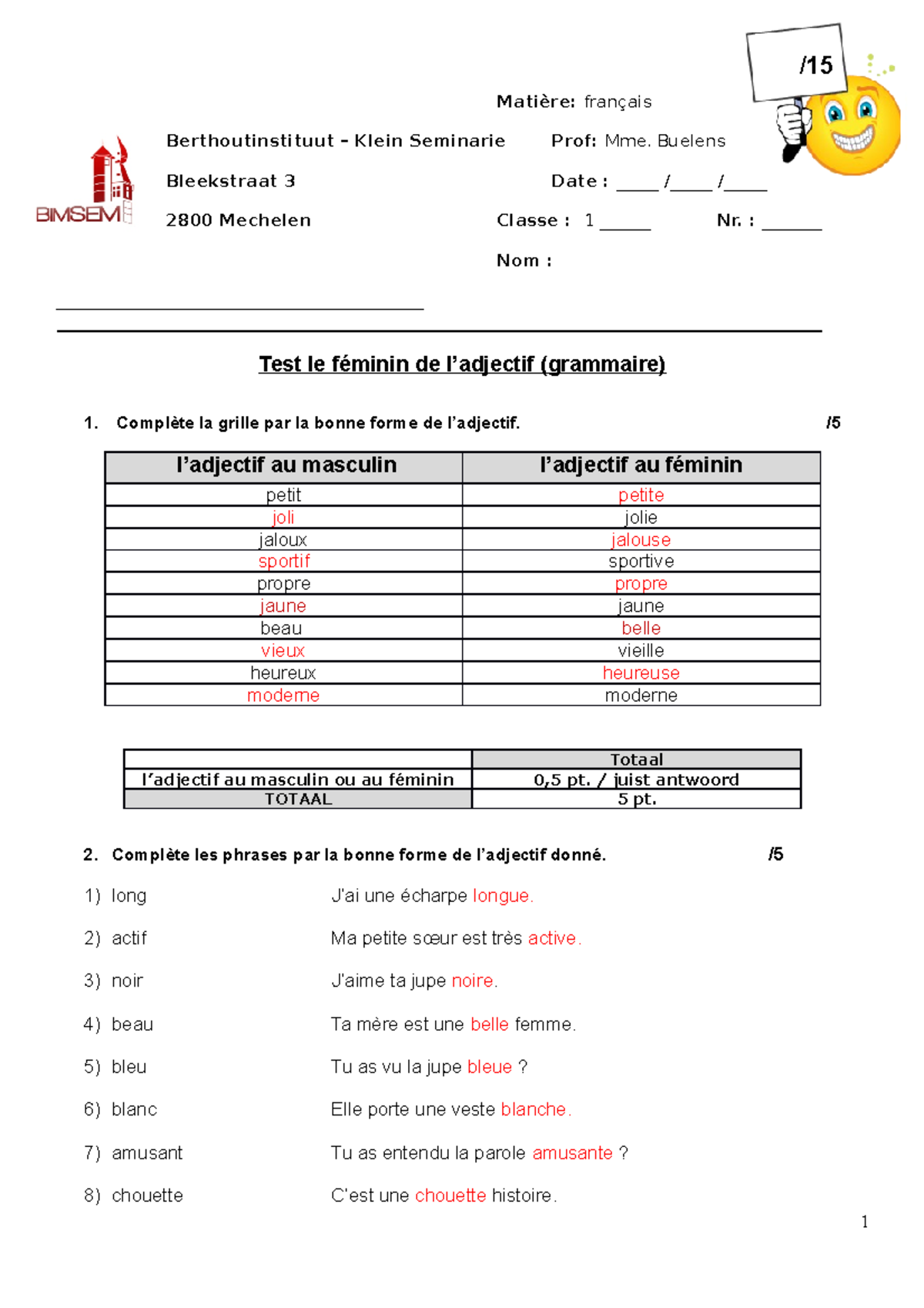 Annexe 5 Test le féminin de l'adjectif la correction - Matière ...