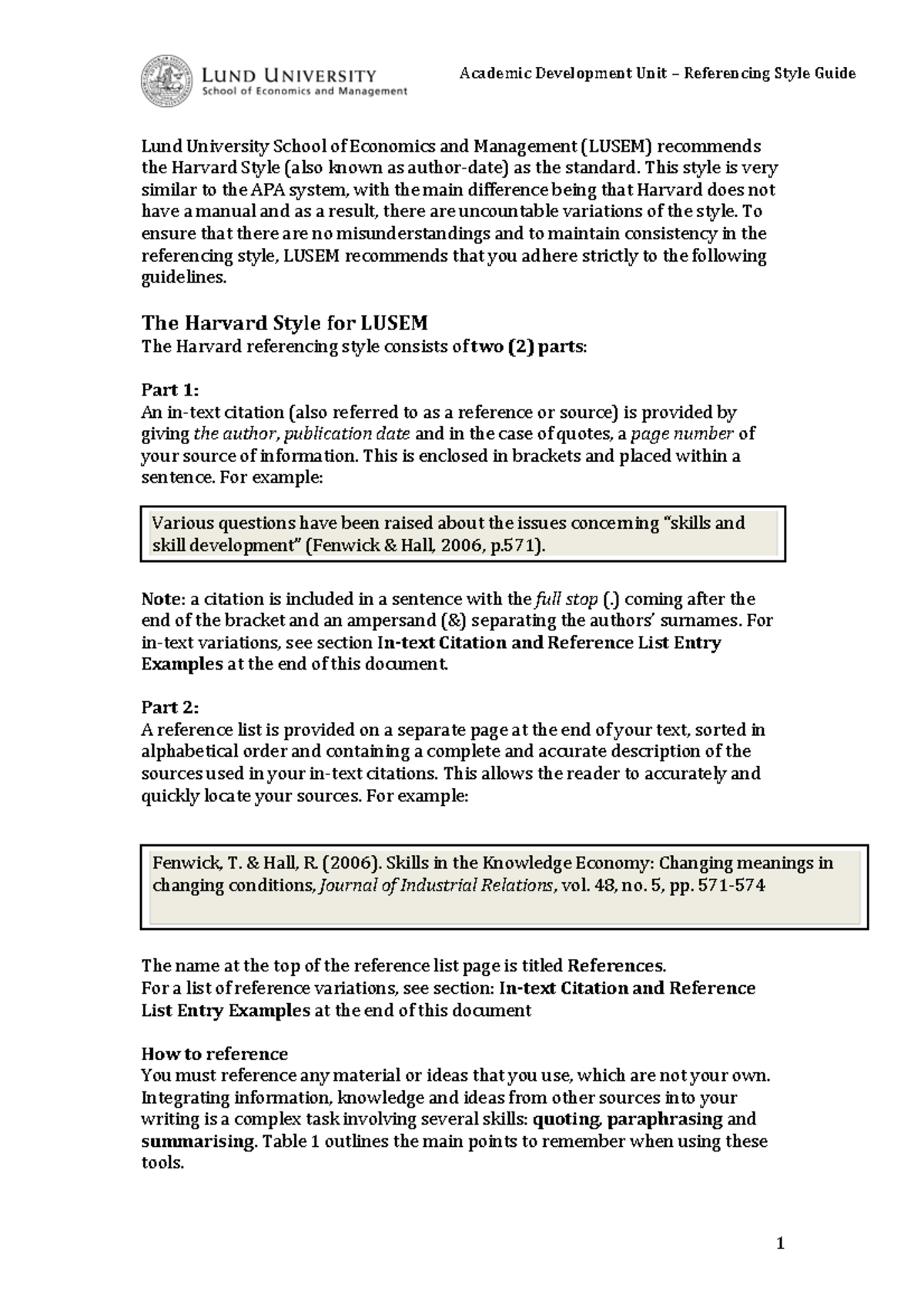 Harvard Style for Lusem - Referencing Skills - Lund University School of Economics and ...