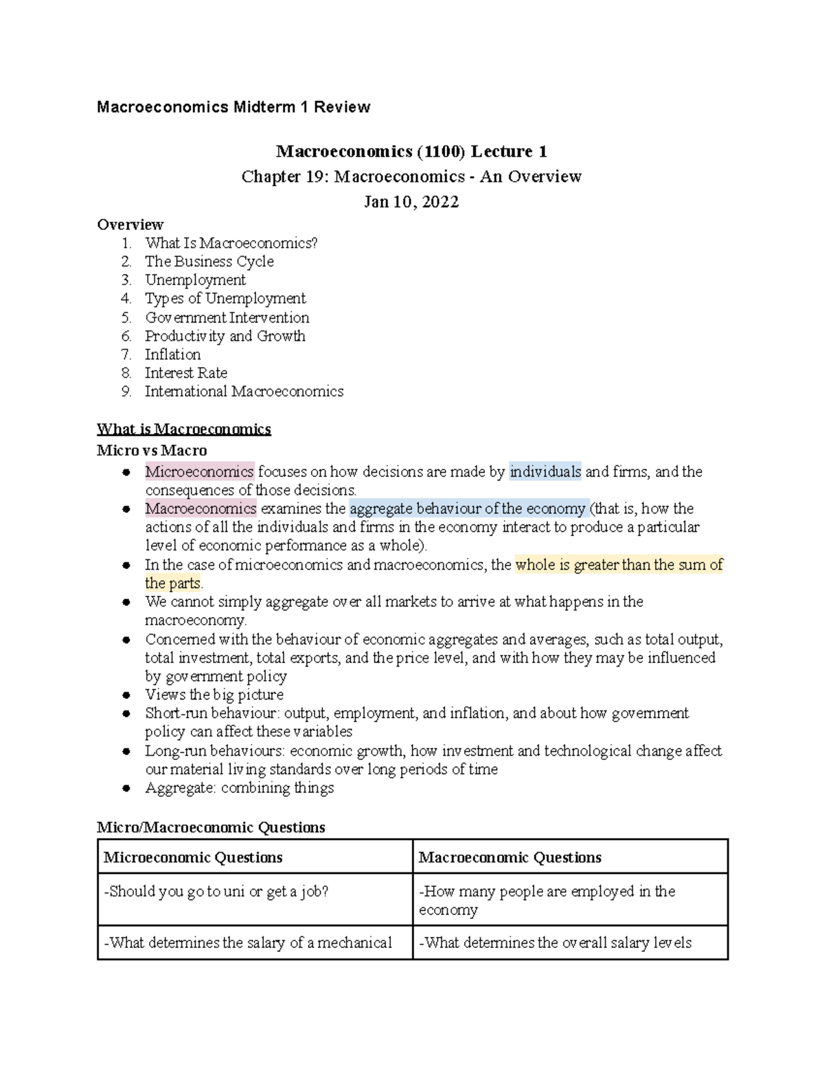Macroeconomics Midterm 1 Review: Lectures 1, 2, 3 - Macroeconomics ...