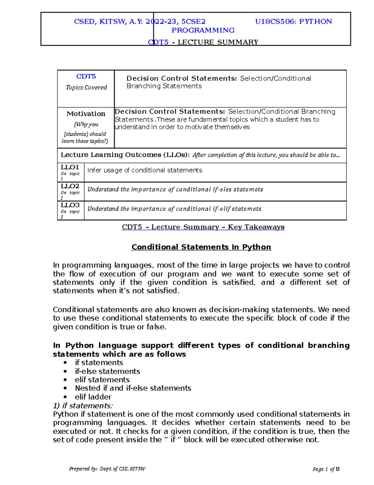 PP CDT5 Summary 5CSE 2022 23 - PROGRAMMING CDT5 - LECTURE SUMMARY CDT Topics Covered Decision ...