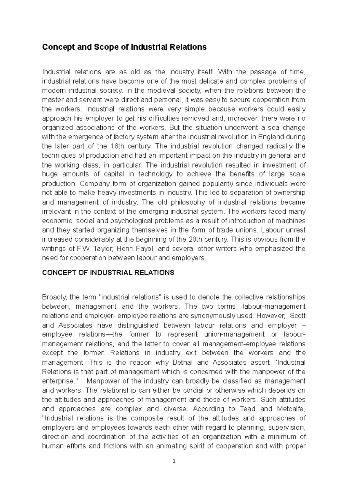 Unit-1 - Lecture notes 1 - Concept and Scope of Industrial Relations ...