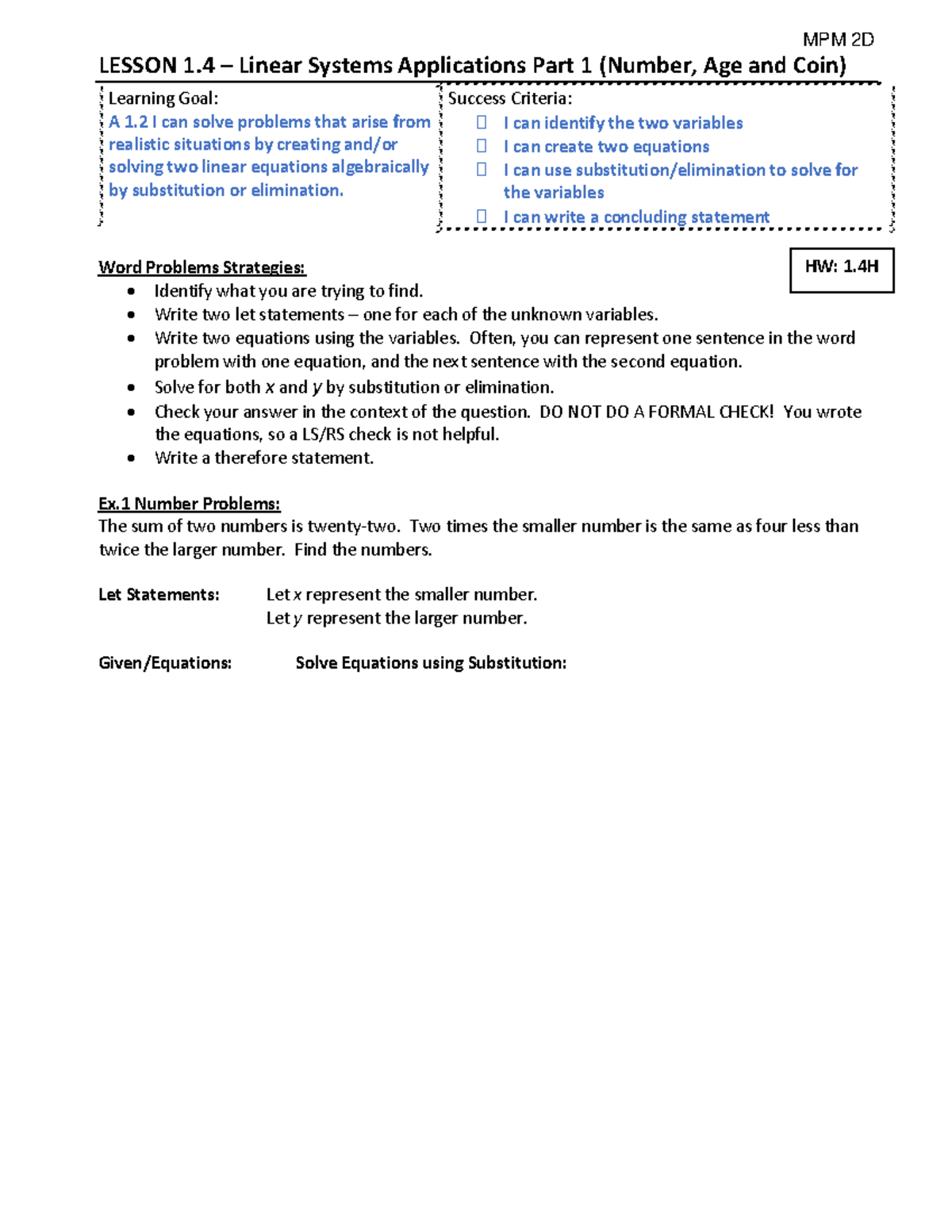 1.4 Linear Systems Applications - Success Criteria: ฀ I can identify the two variables ฀ I can ...