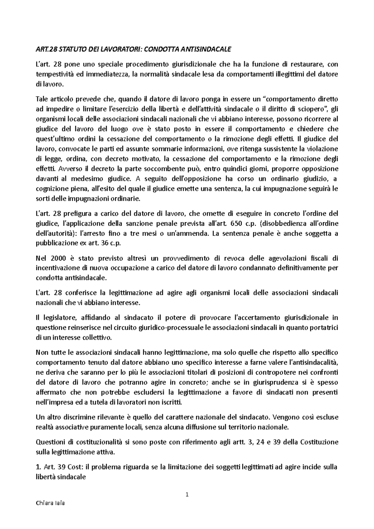 ART 28 SL - ART 28 SL - ART STATUTO DEI LAVORATORI: CONDOTTA ...