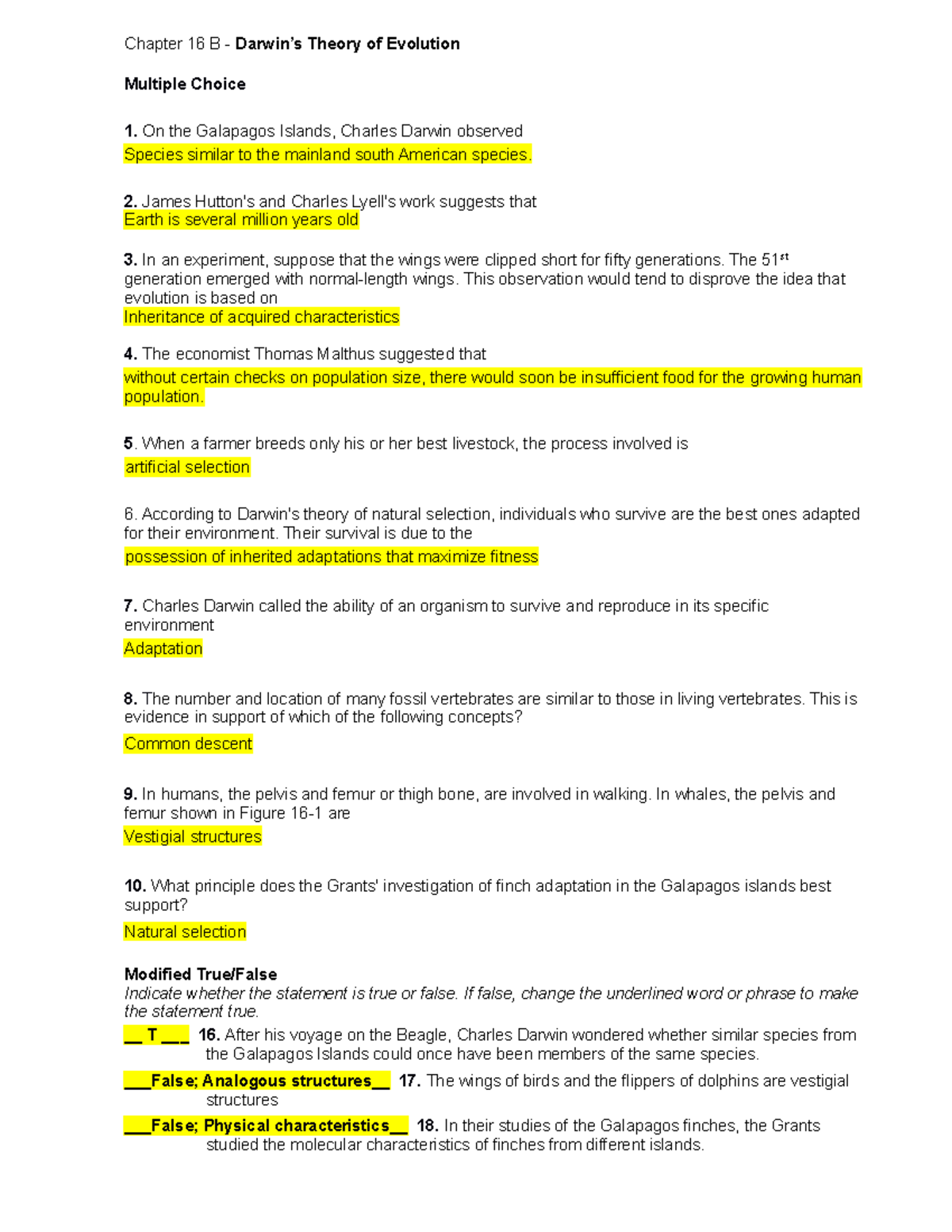 Chapter 16 B - Study guide - Chapter 16 B - Darwin’s Theory of ...