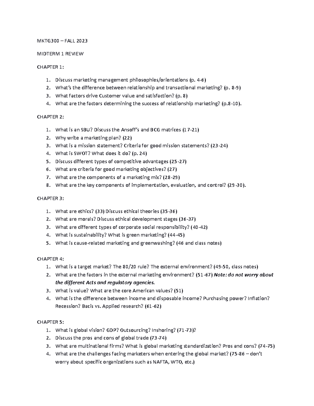 MKTG300 Midterm 1 Review - MKTG300 – FALL 2023 MIDTERM 1 REVIEW CHAPTER 1: Discuss marketing ...