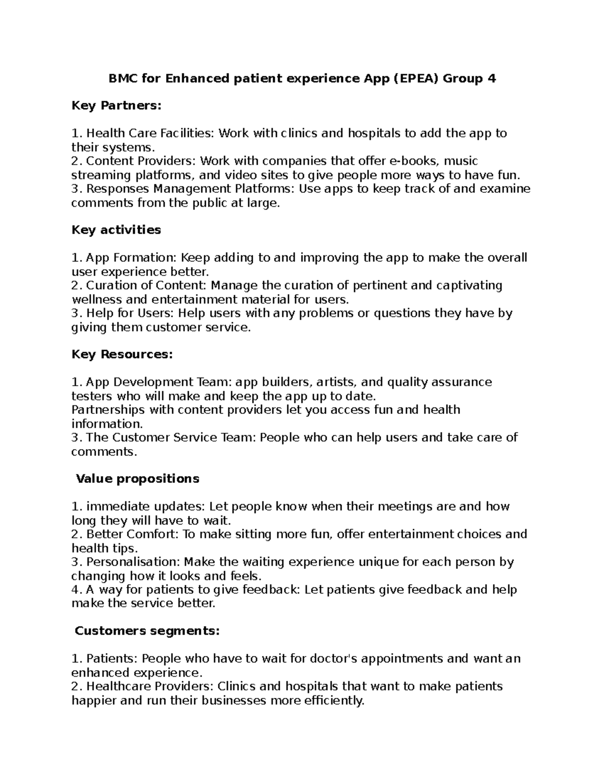 BMC for Group 4 1 - notes - BMC for Enhanced patient experience App ...
