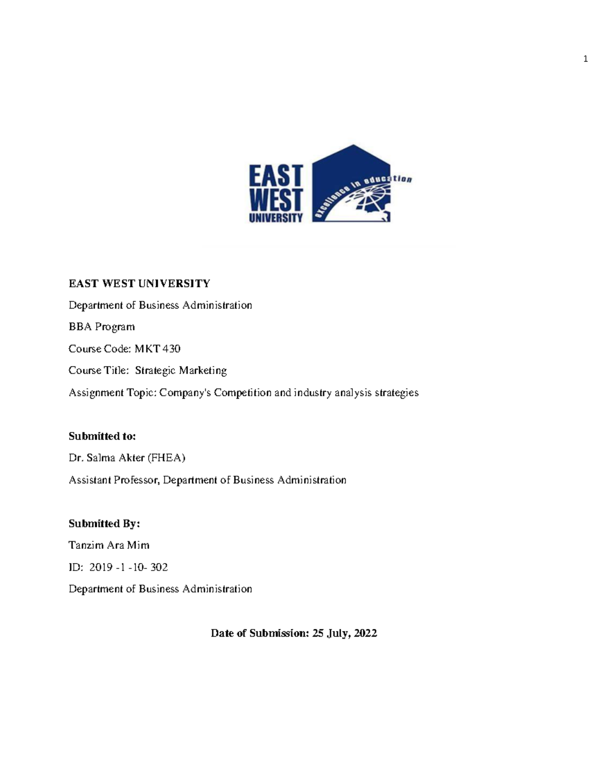 Individual-assignment - EAST WEST UNIVERSITY Department of Business Administration BBA Program ...