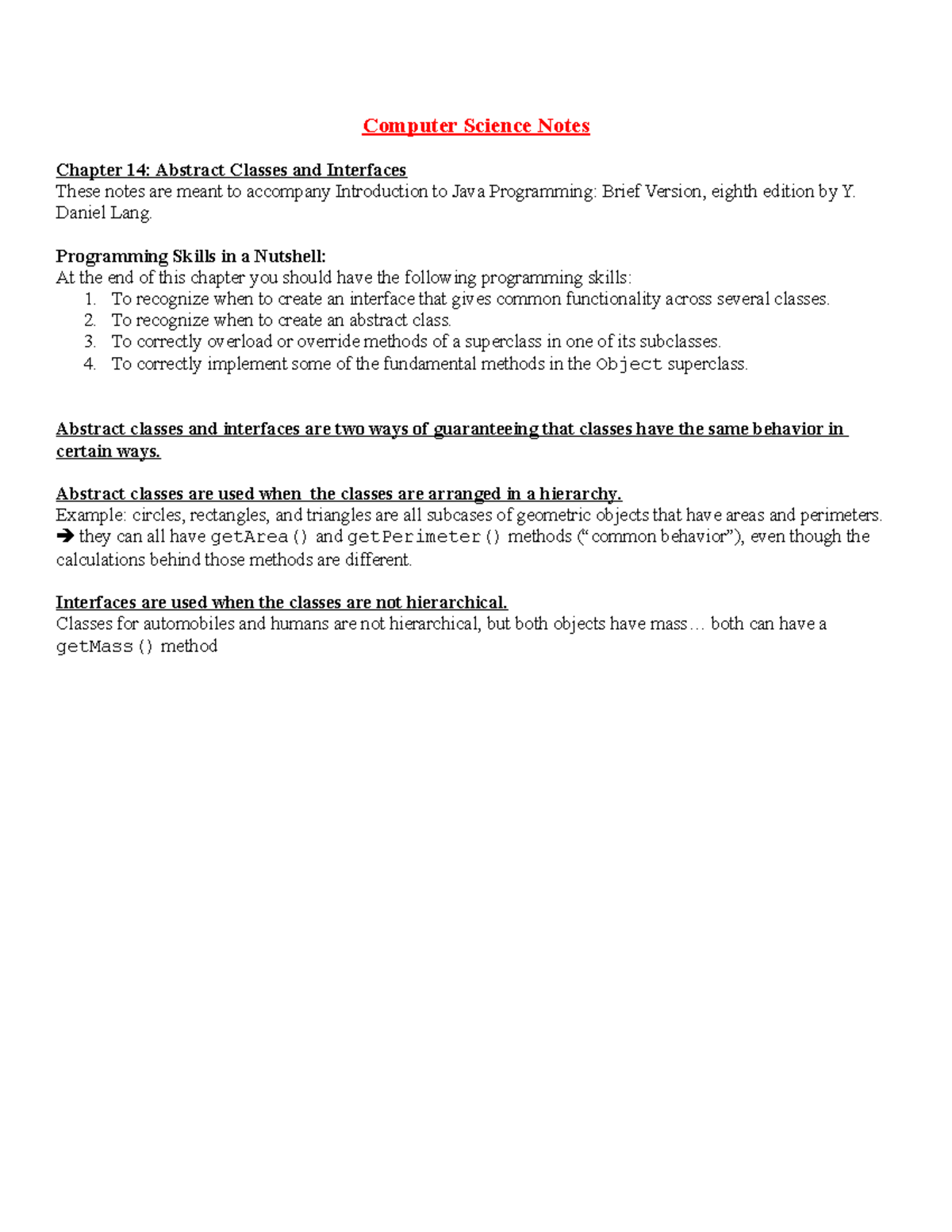 Ch14 Abstract Classes And Interfaces Computer Science Notes Chapter 14 Abstract Classes And