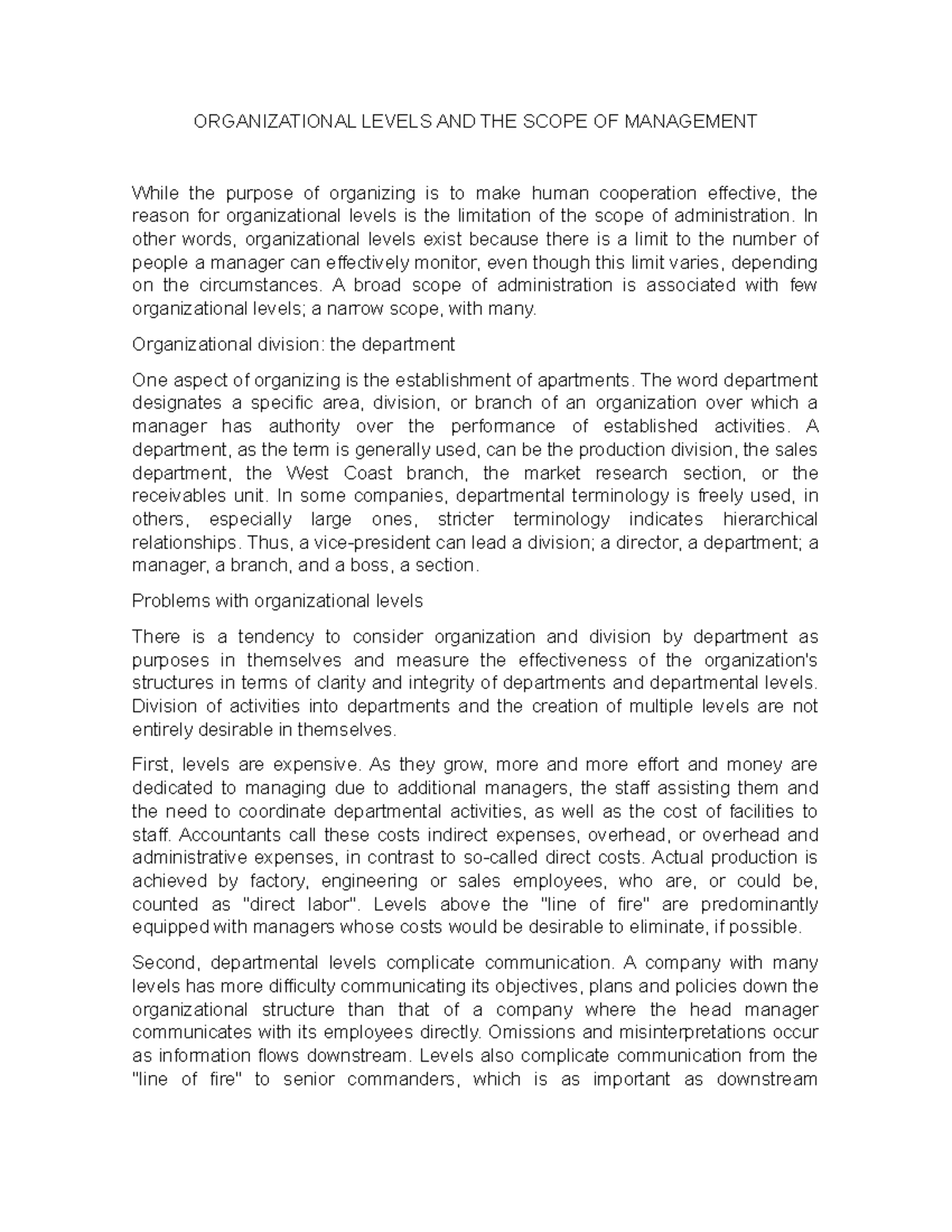 ORGANIZATIONAL LEVELS AND THE SCOPE OF MANAGEMENT - In other words ...