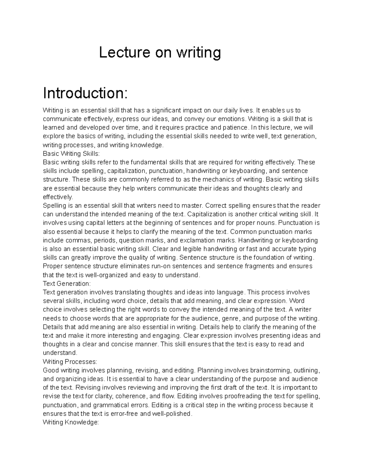 ESW100 lecture notes 1 - Lecture on writing Introduction: Writing is an ...
