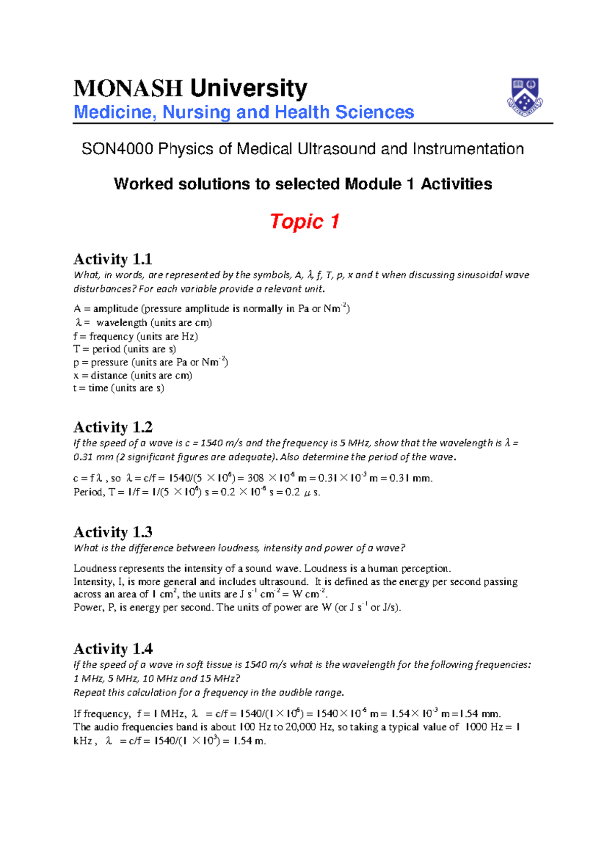 Module 1 Activity Solutions 2 - MONASH University Medicine, Nursing and ...