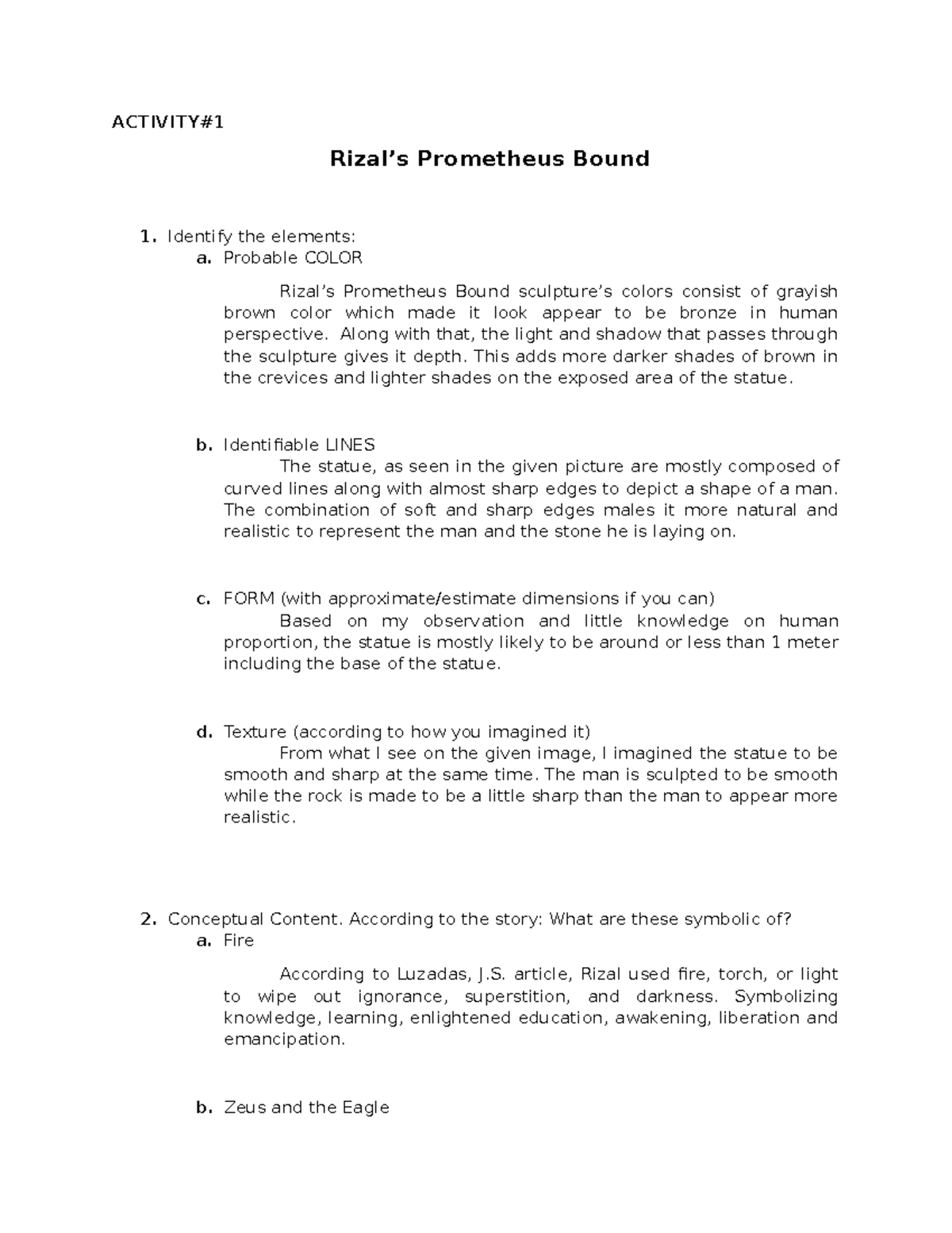 Activity 2 - ACTIVITY# Rizal’s Prometheus Bound 1. Identify the ...