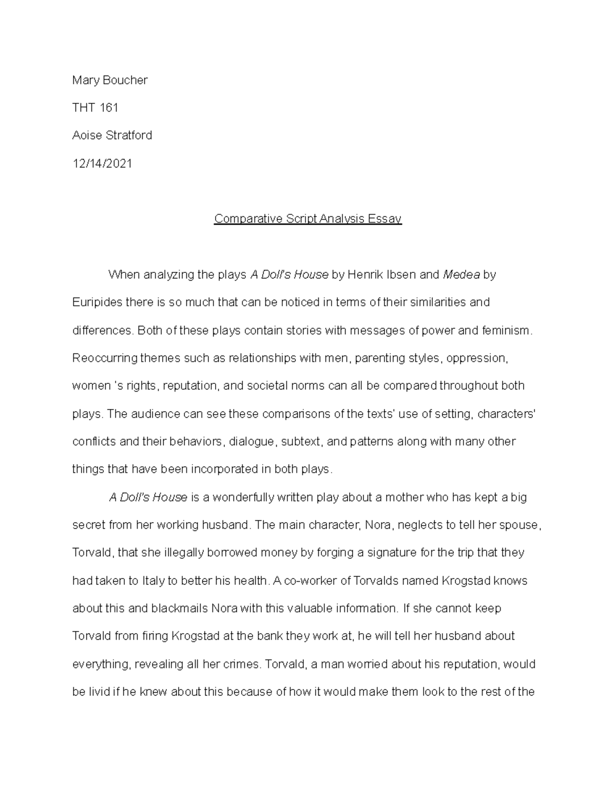 Comparative script analysis essay - Mary Boucher THT 161 Aoise ...