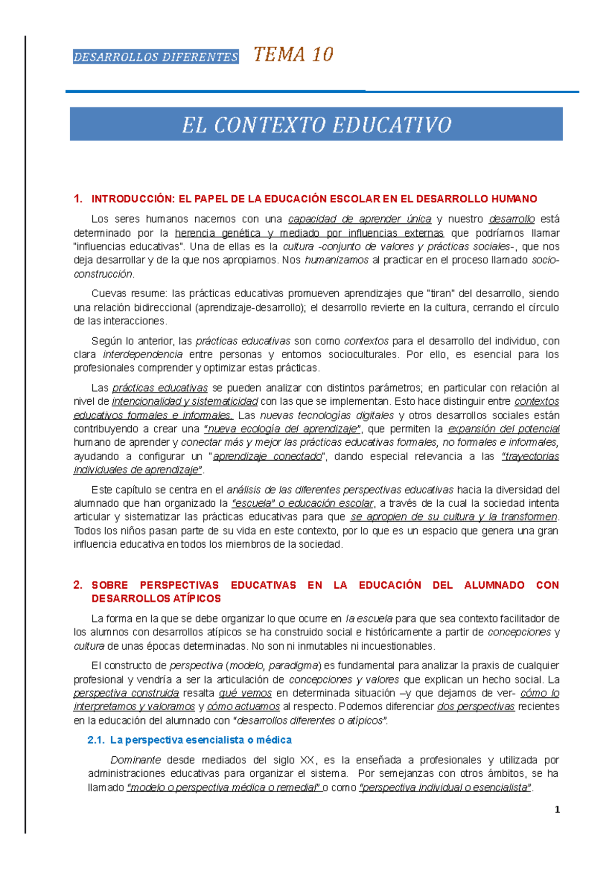10. EL Contexto Educativo - DESARROLLOS DIFERENTES TEMA 10 EL CONTEXTO ...