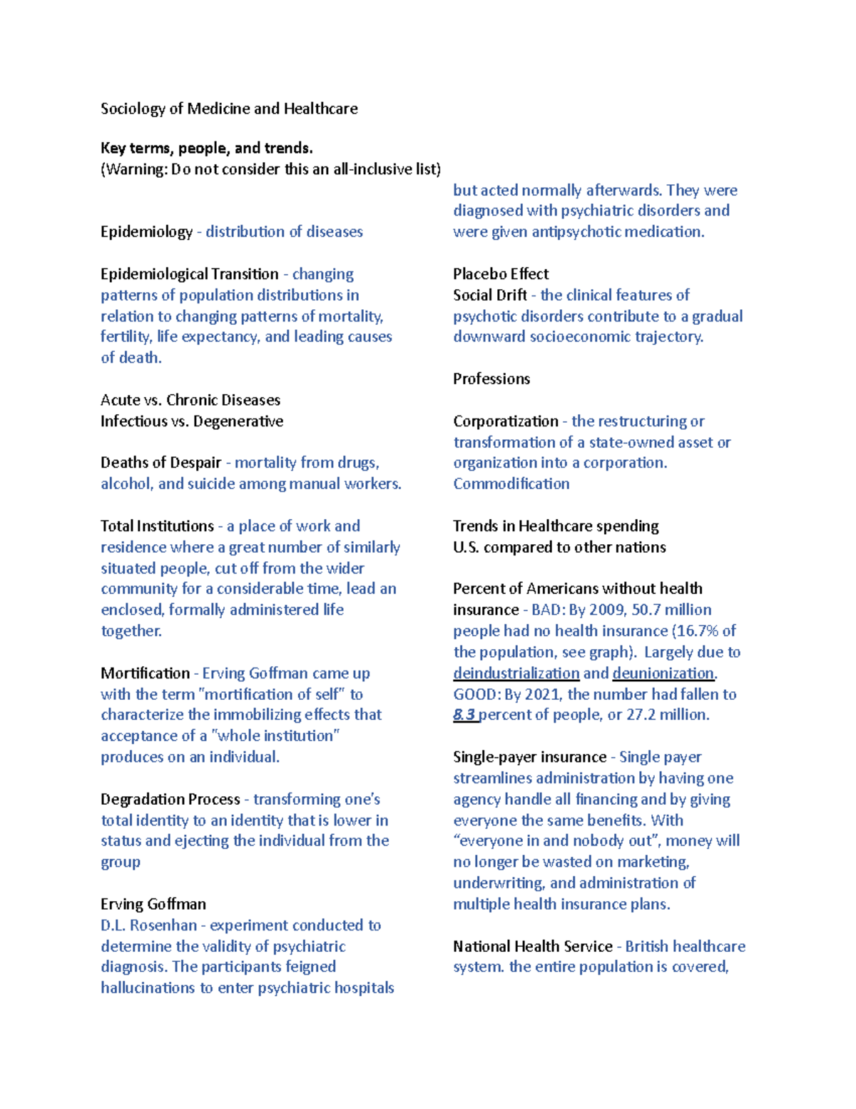 SMH key terms for final - Sociology of Medicine and Healthcare Key ...