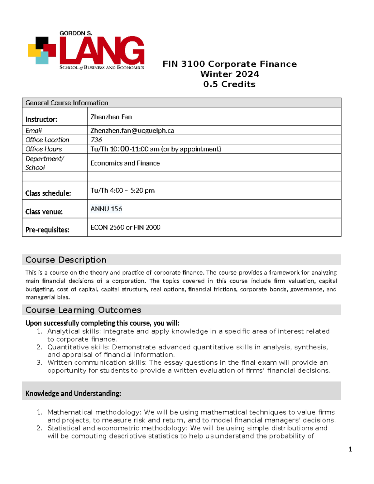 Course outline FIN3100 W24 - FIN 3100 Corporate Finance Winter 2024 0 ...