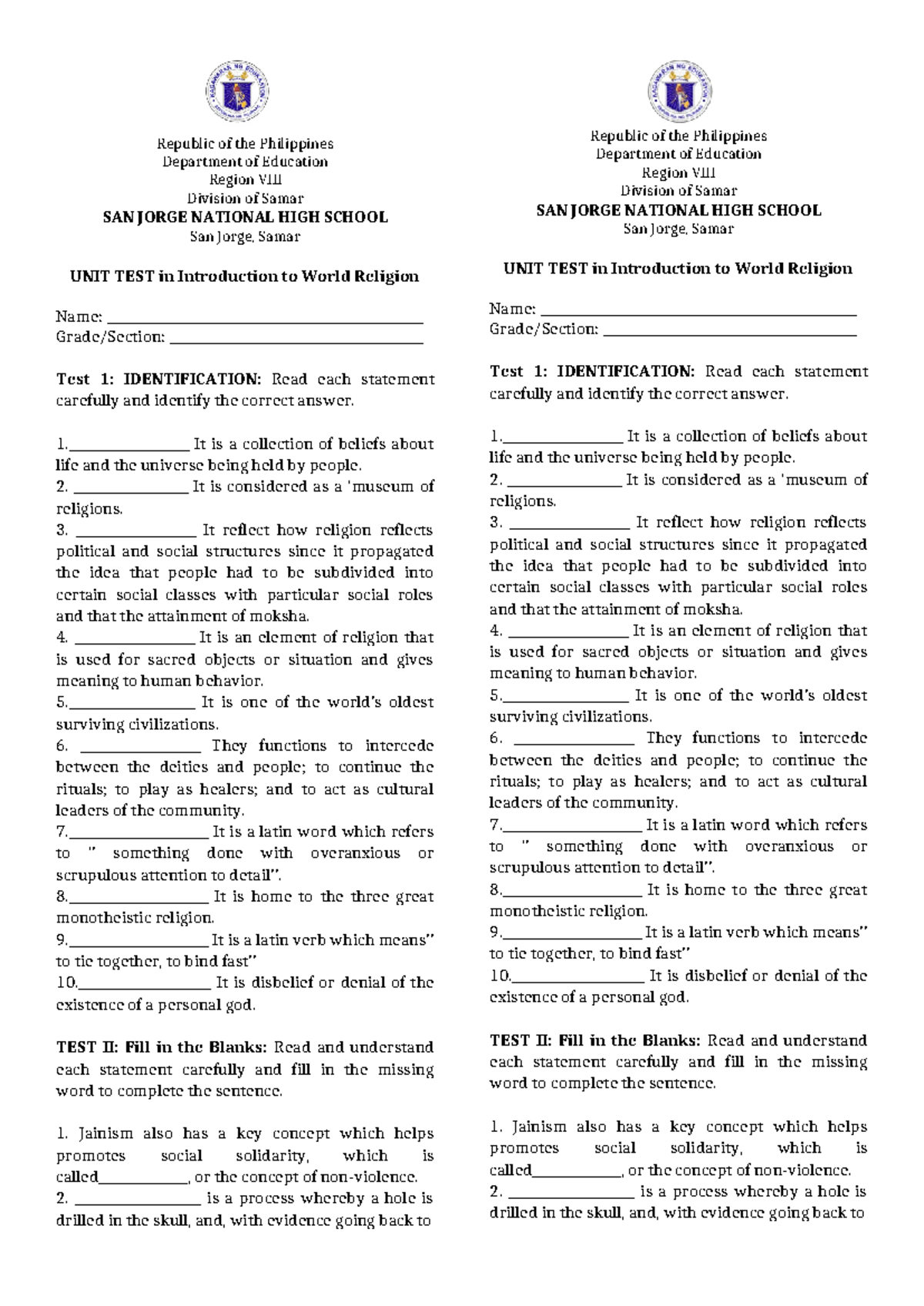 1st Quarter Unit Test 1 - Republic of the Philippines Department of ...