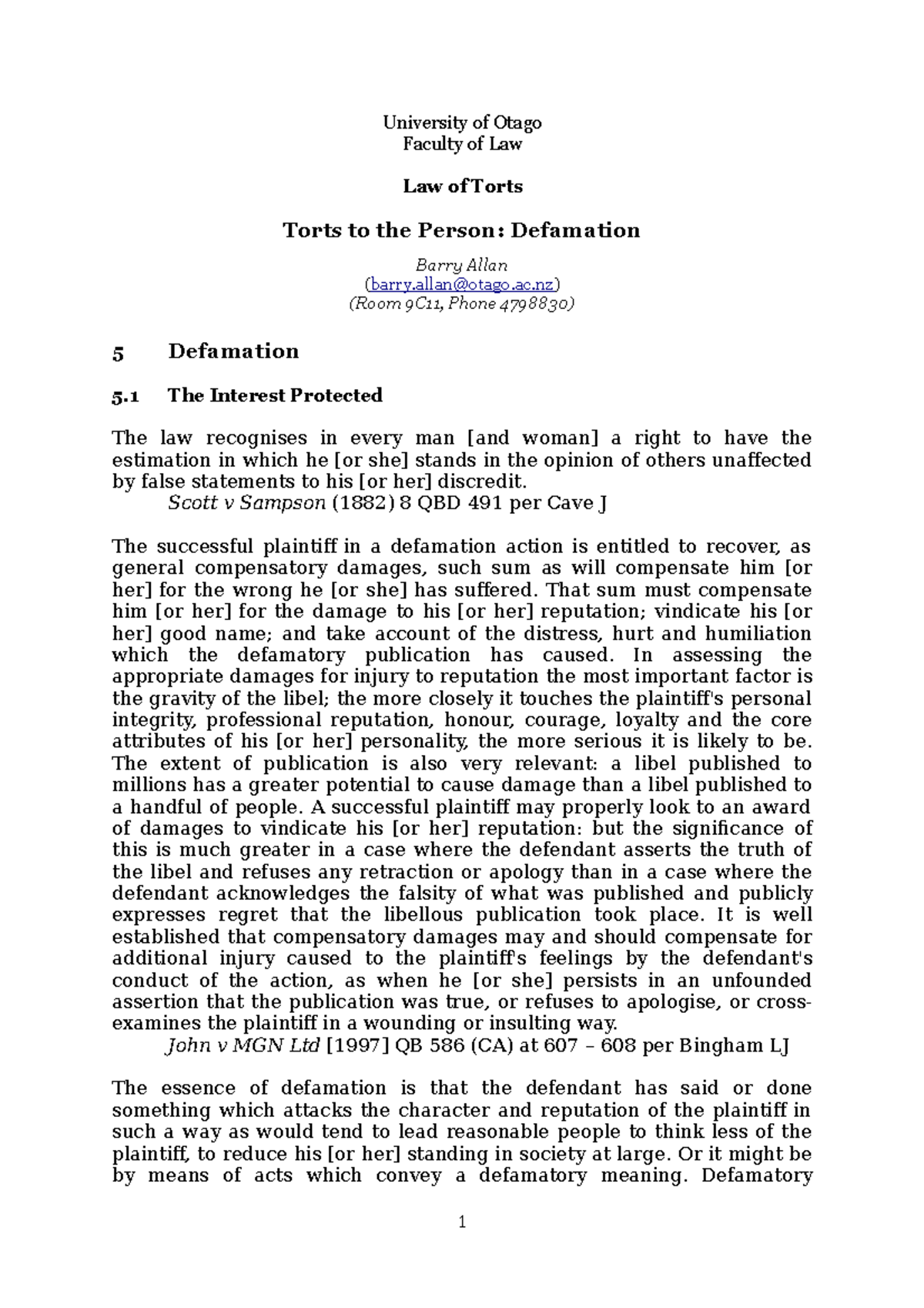 Outline Defamation - University of Otago Faculty of Law Law of Torts ...
