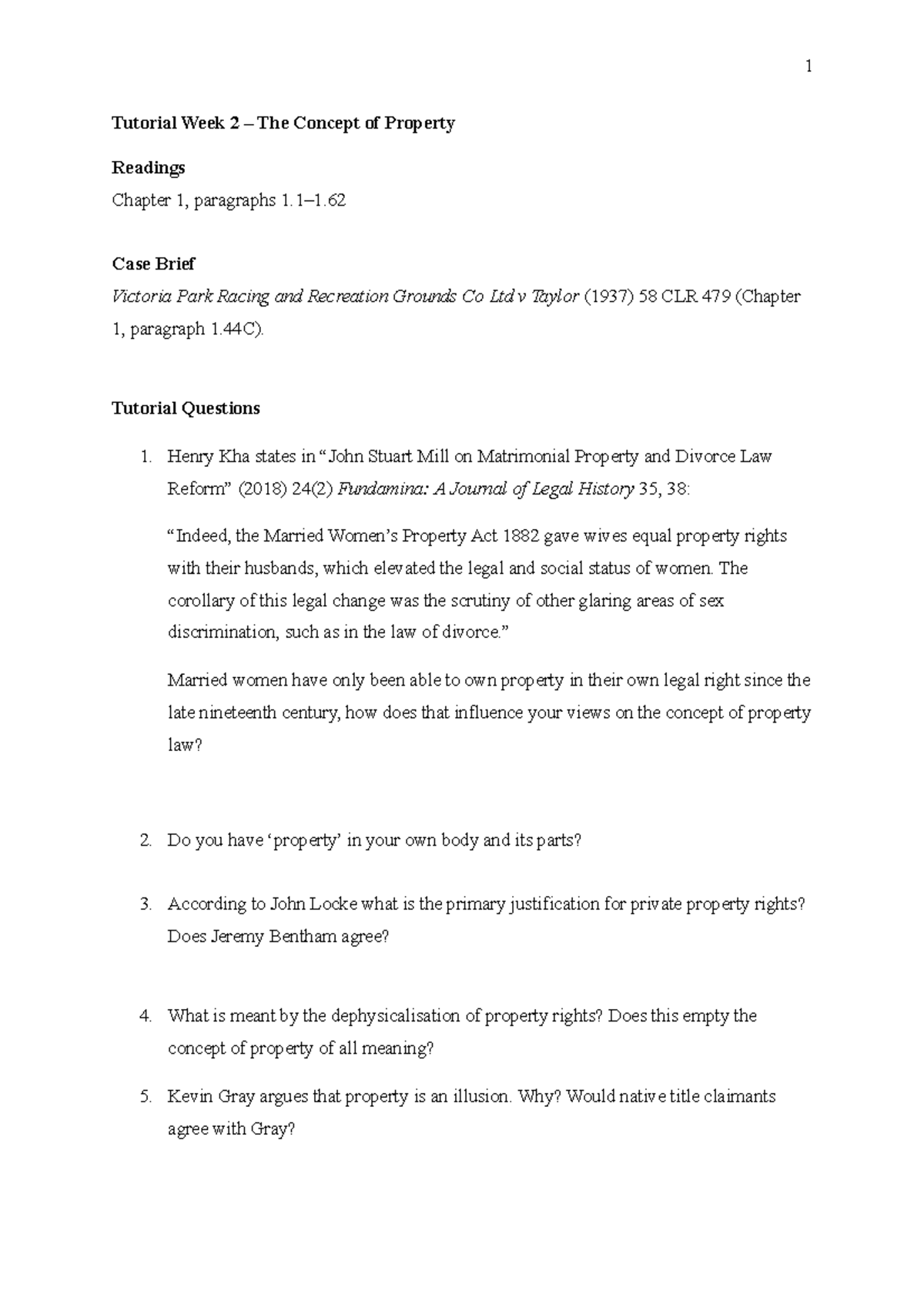 Property Law Tutorial Questions 2022 - Tutorial Week 2 – The Concept of ...