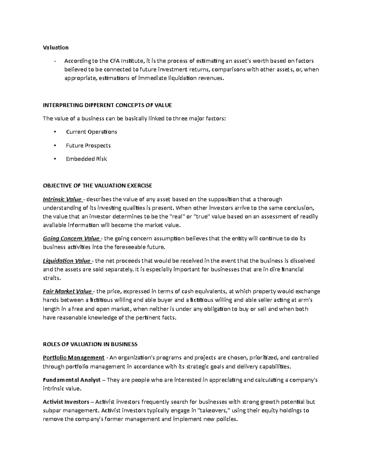 Valuation notes - Valuation According to the CFA Institute, it is the ...