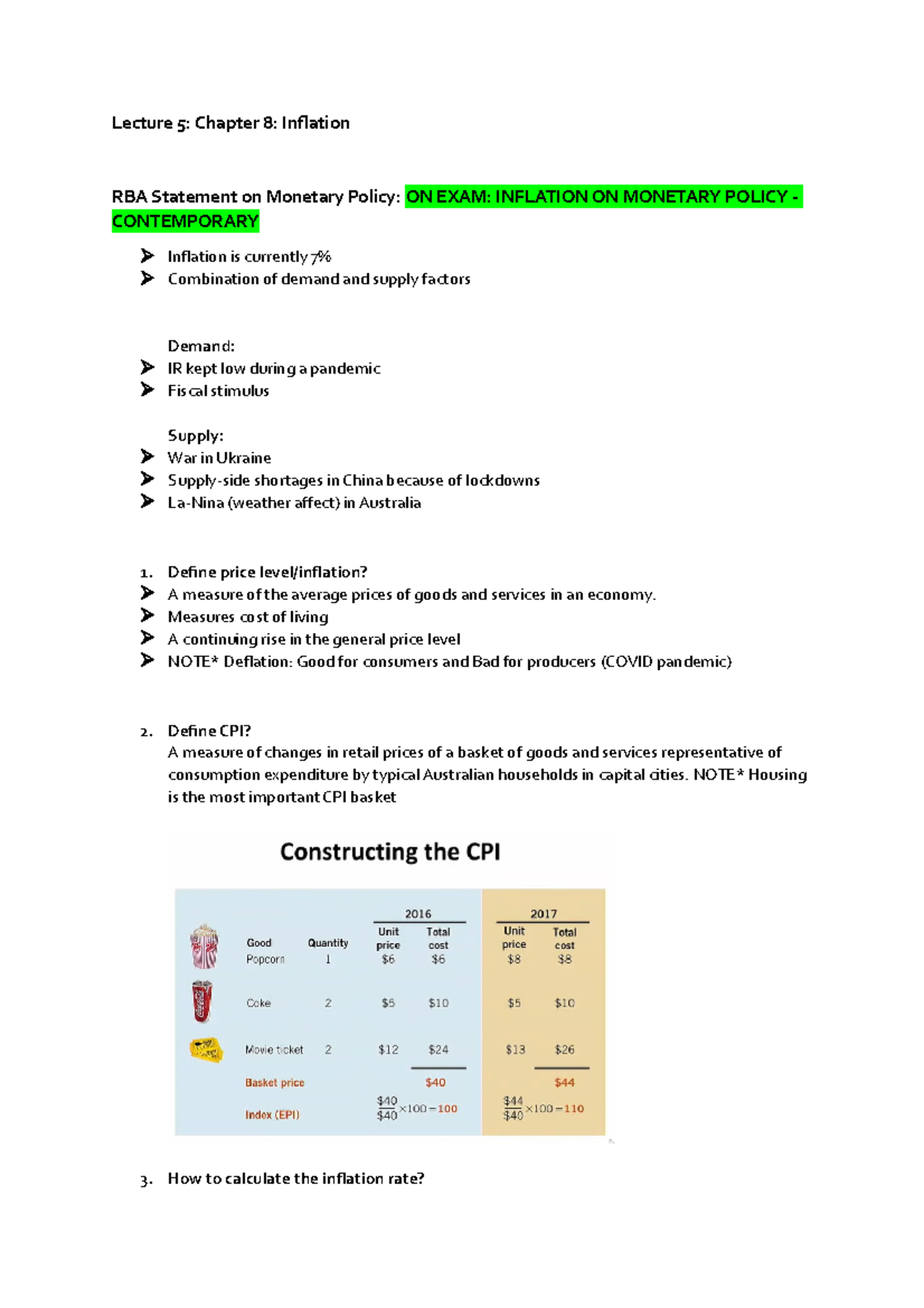 Lecture 5 Answers ECF1200 - Lecture 5: Chapter 8: Inflation RBA ...