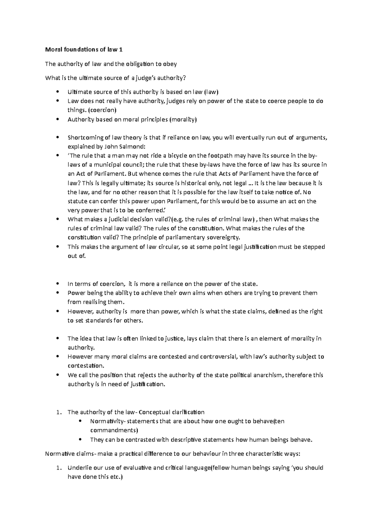 Moral foundations of law 1 - (coercion) Authority based on moral ...