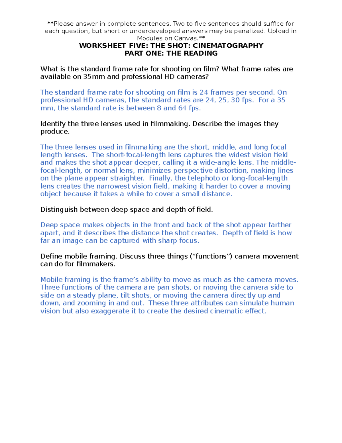 Film Analysis Worksheet Five - Please answer in complete sentences. Two ...