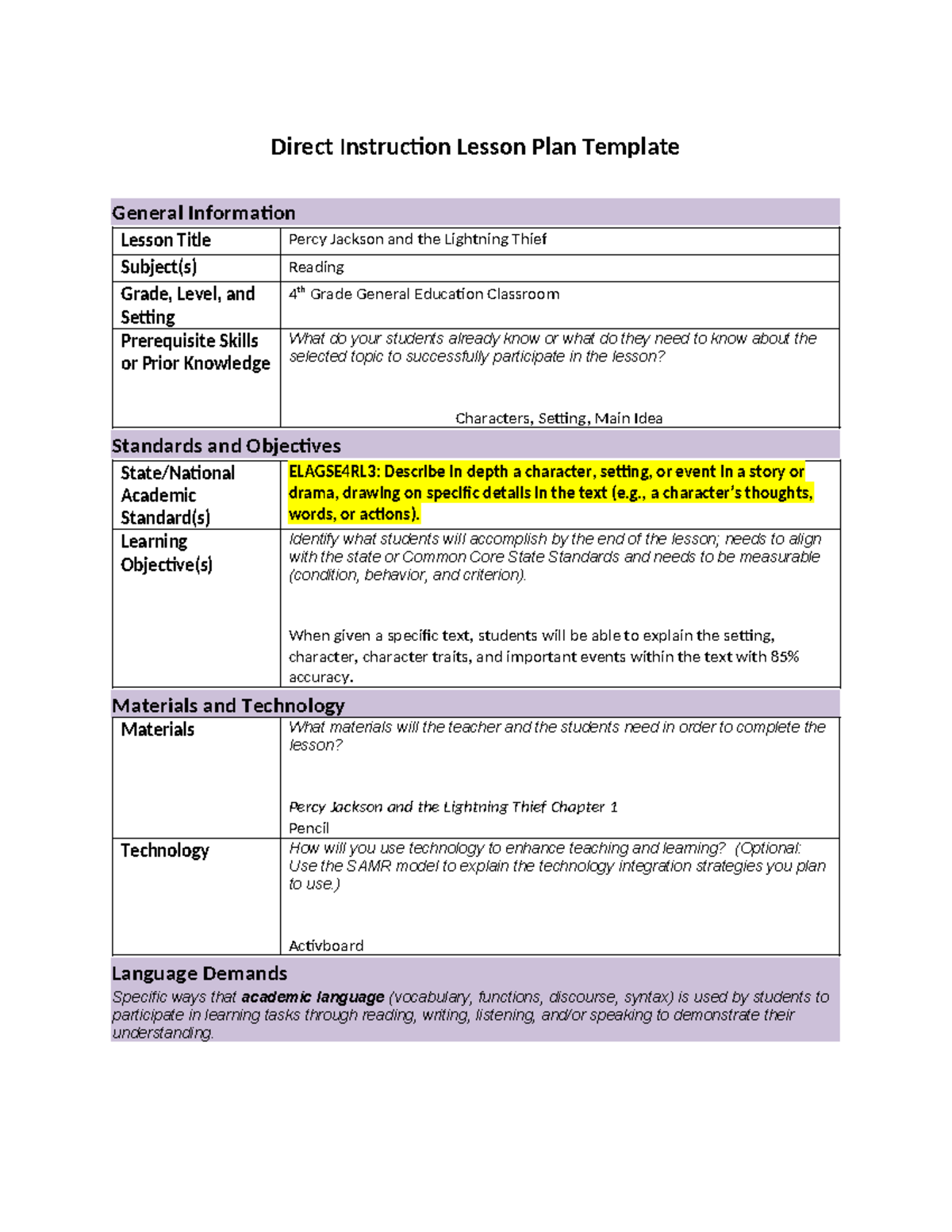 4th Grade Reading Lesson Plan2 - Direct Instruction Lesson Plan ...