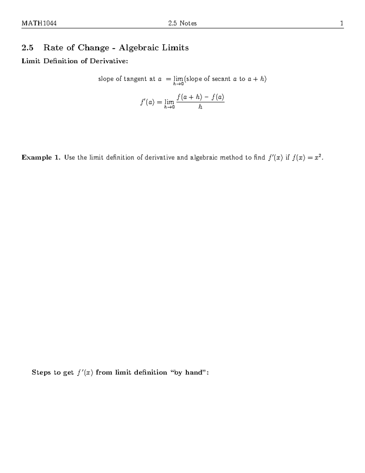 LNs2-5 - BIOL1081 - MATH1044 2 Notes 1 2 Rate of Change - Algebraic ...