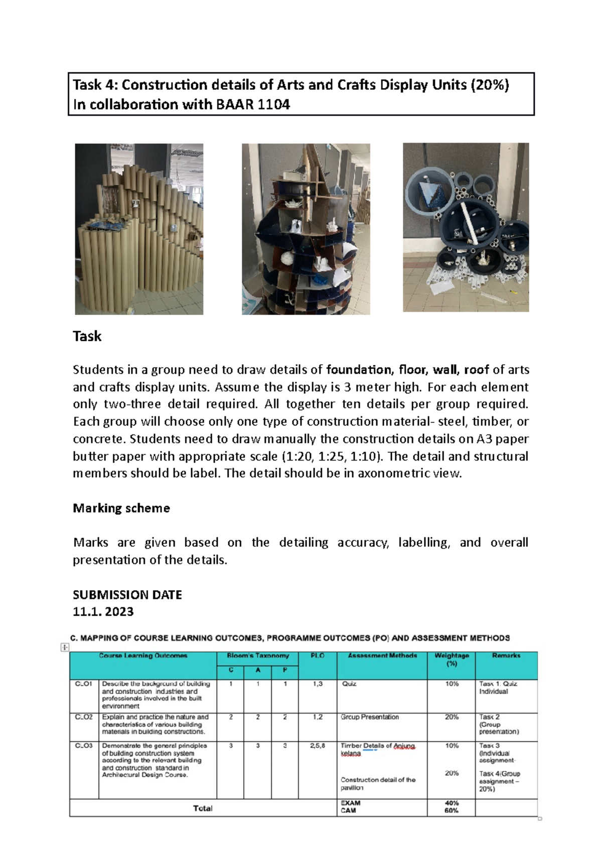 Task 4 bcm - Task 4: Construction details of Arts and Crafts Display ...
