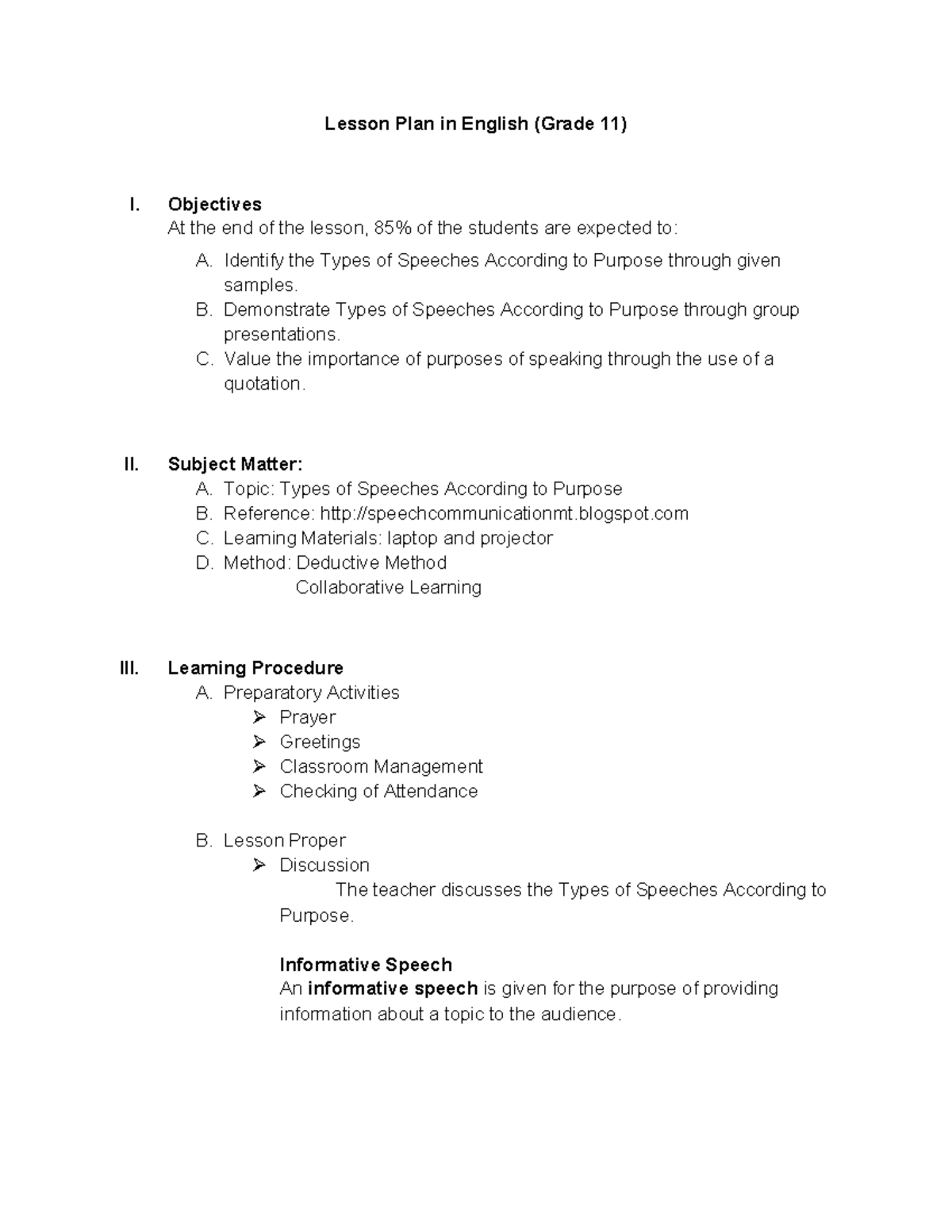 Lesson Plan in English - Objectives At the end of the lesson, 85% of ...
