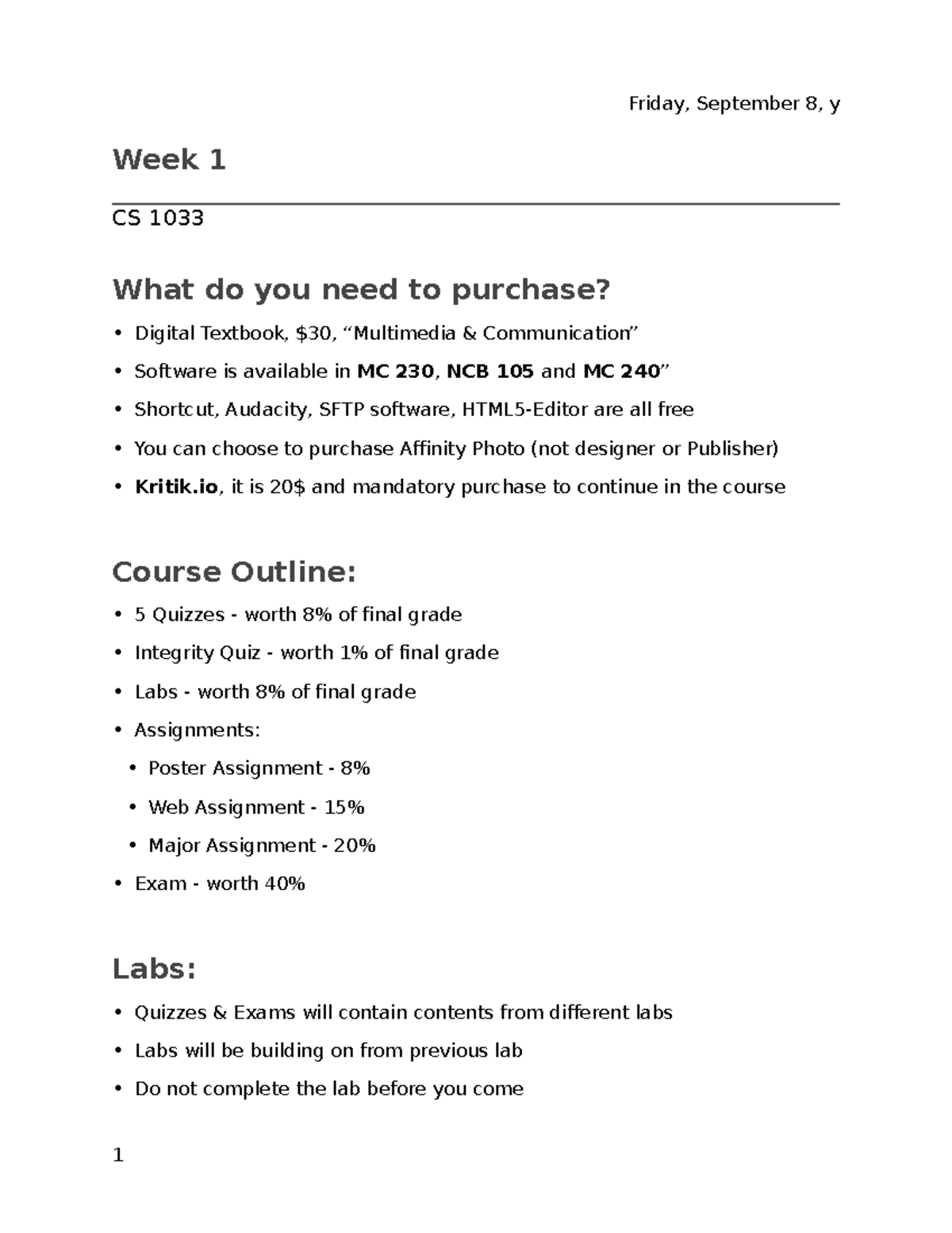 Week 1 Lecture Notes - Friday, September 8, y Week 1 CS 1033 What do ...