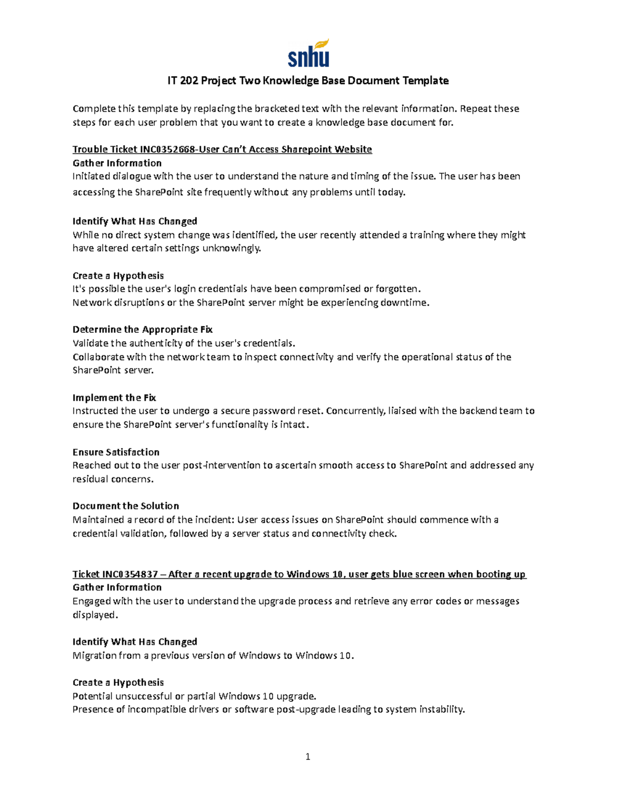 IT 202 Project 2 - IT 202 Project Two Knowledge Base Document Template ...