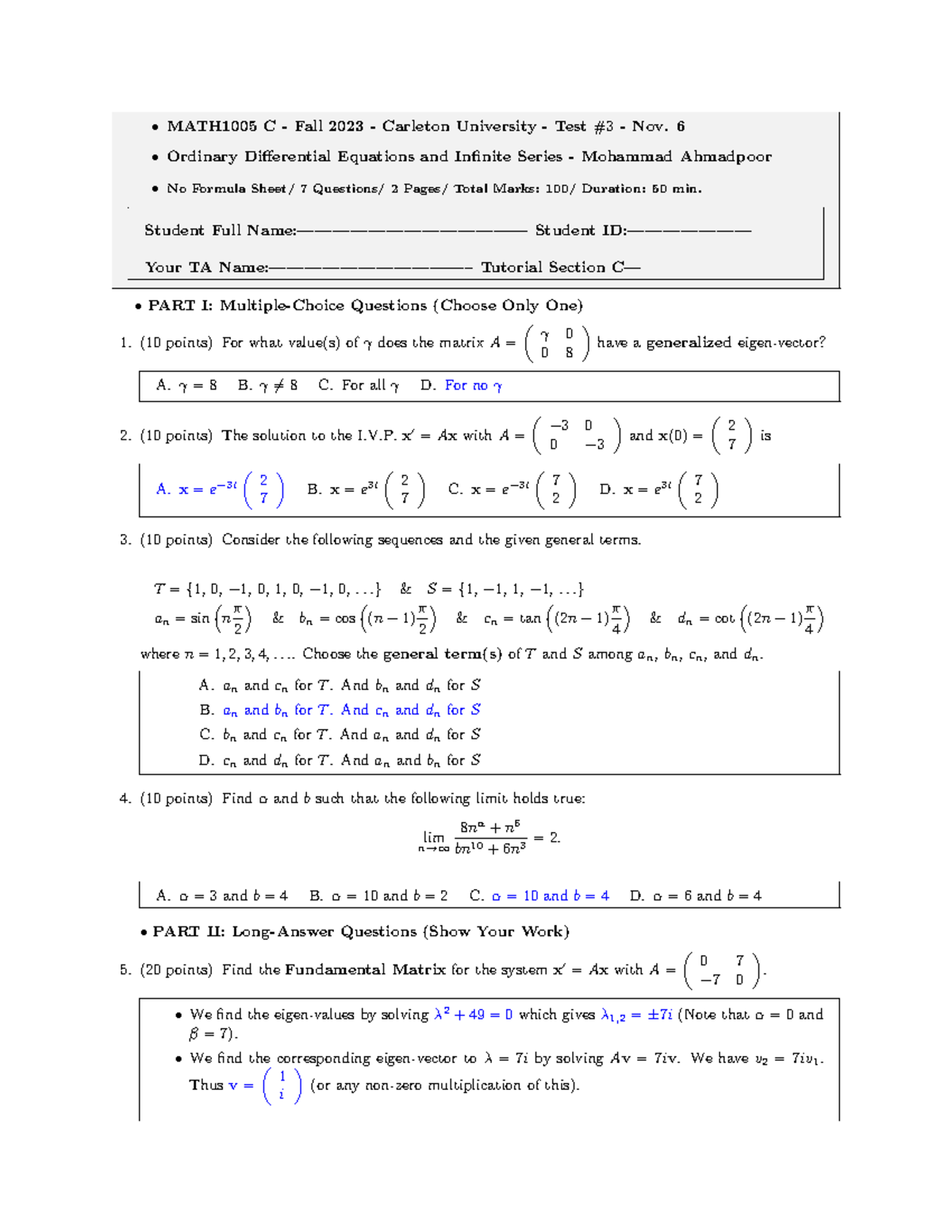 Test 3 - Solutions - MATH1005 C - Fall 2023 - Carleton University ...
