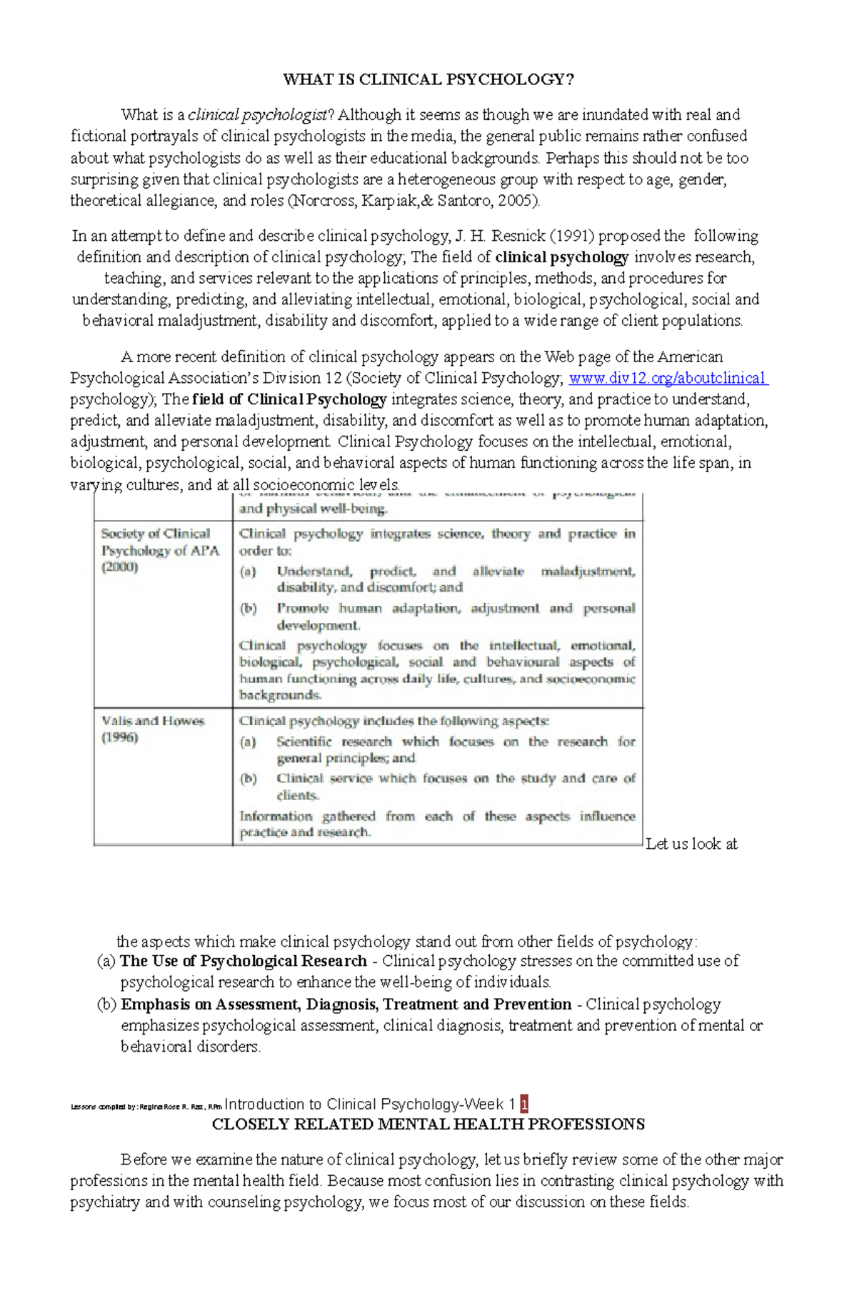 Intro to Clinical Psych-week 1 - WHAT IS CLINICAL PSYCHOLOGY? What is a ...