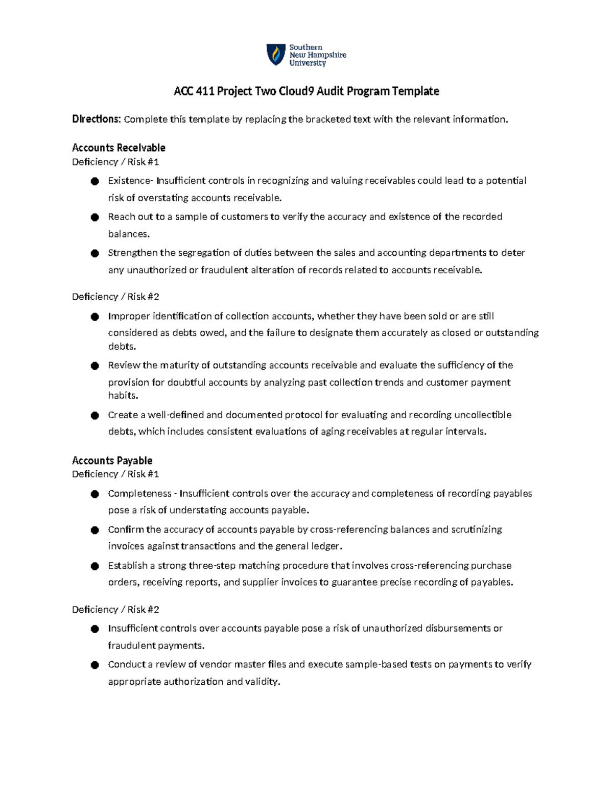 ACC 411 Project Two Cloud 9 Audit Program Template - ACC 411 Project ...