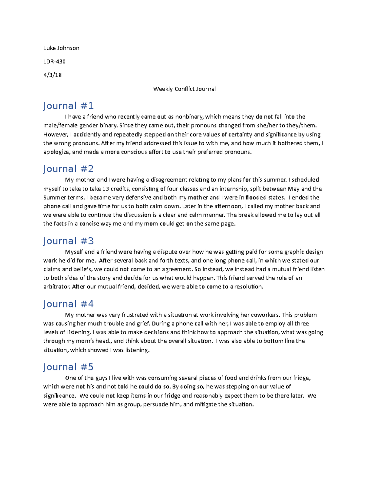 Conflict journal - Grade: B - Luke Johnson LDR- 4/3/ Weekly Conflict ...