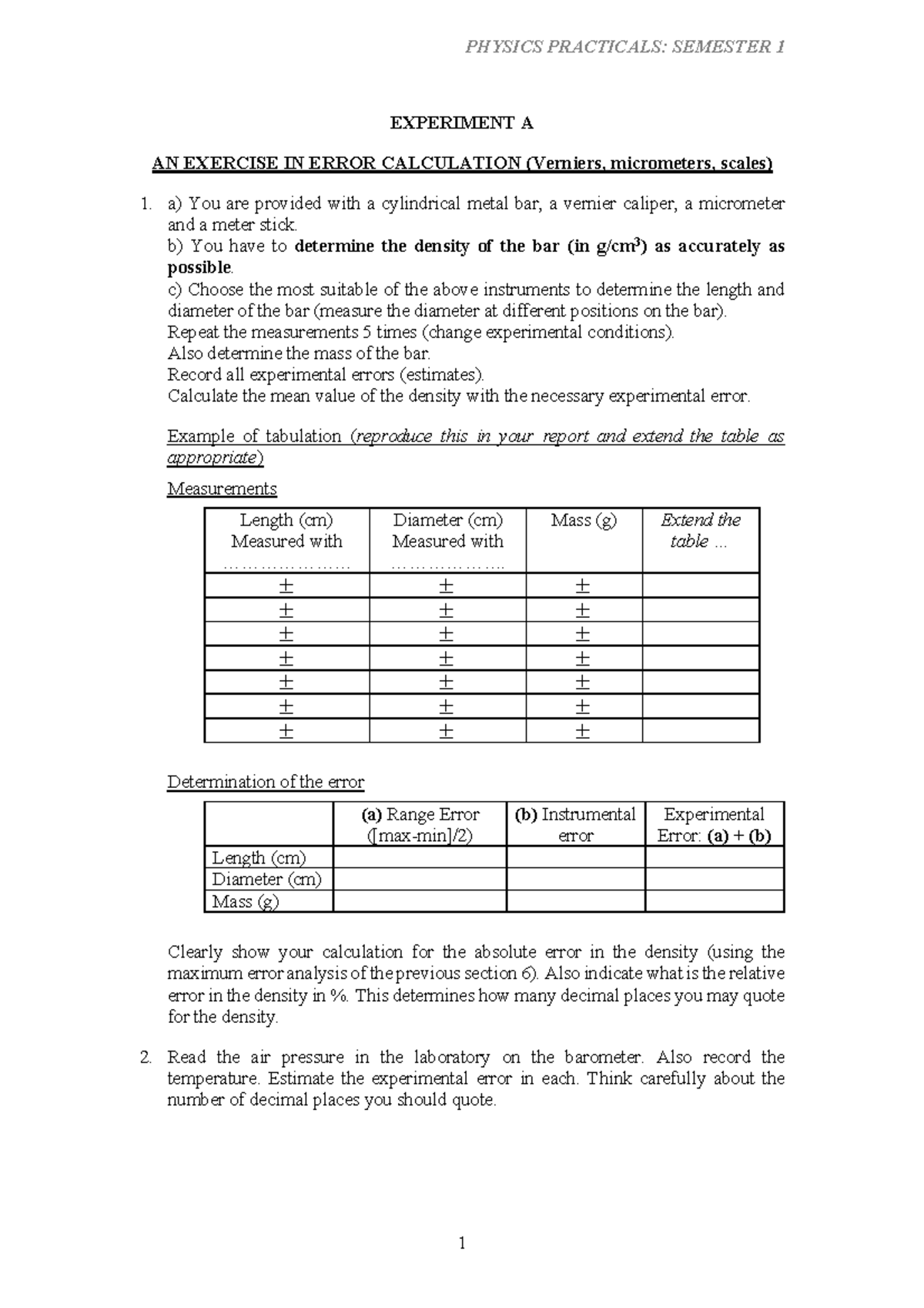 Experiment A - PHYSICS PRACTICALS: SEMESTER 1 1 EXPERIMENT A AN ...