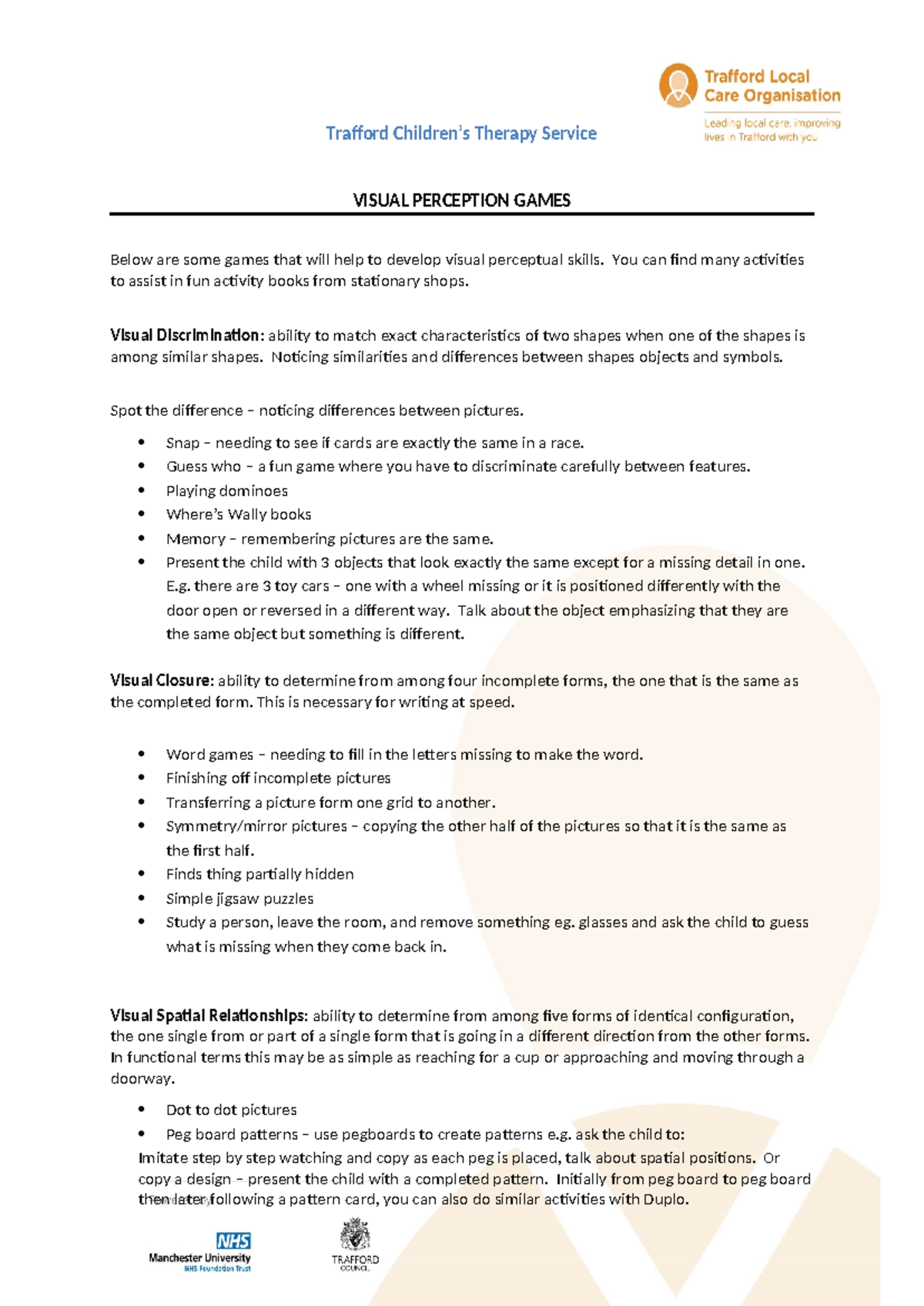 Visual Perceptual Games Visual Perceptual Skills - Trafford Children’s ...