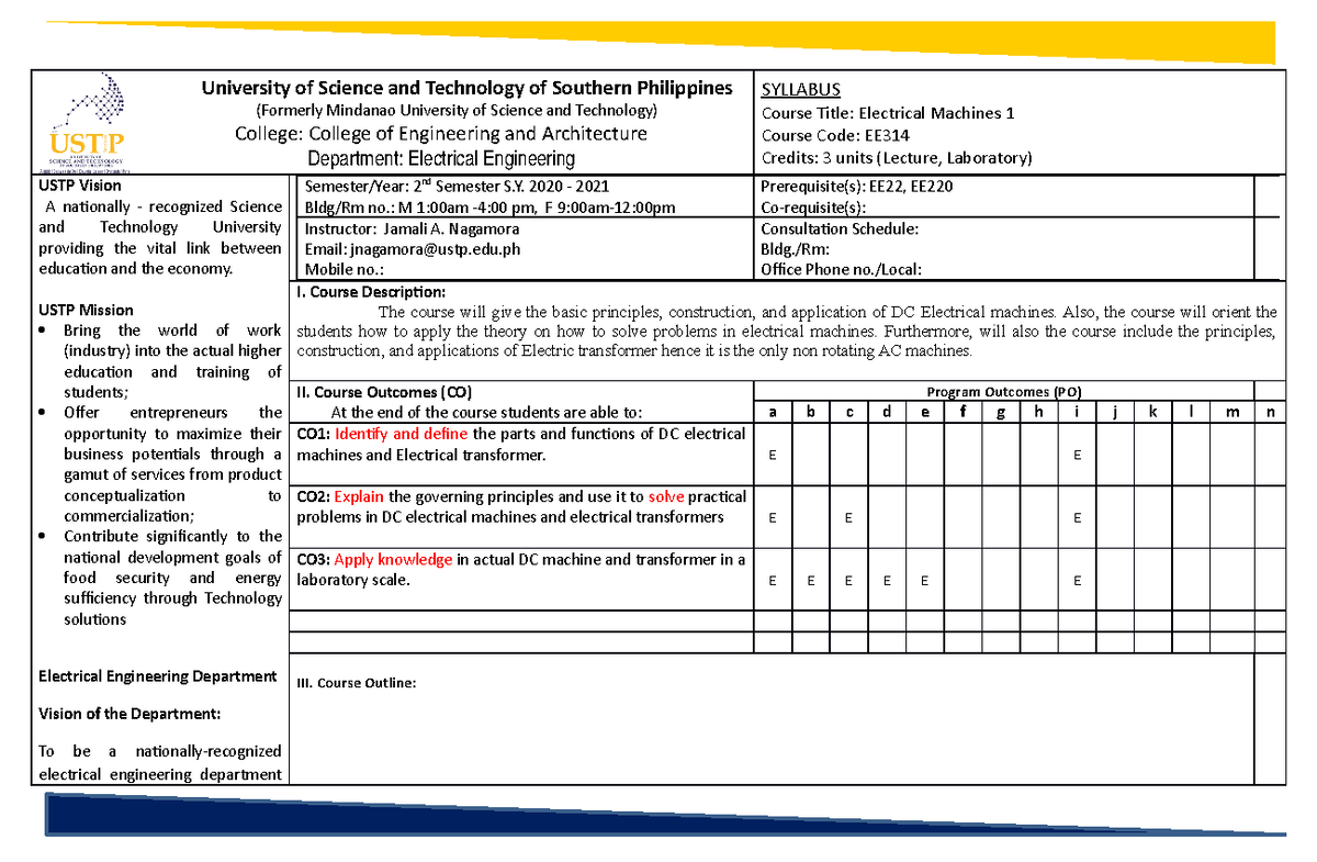 Syllabus 314 (Machine 1) - University of Science and Technology of ...