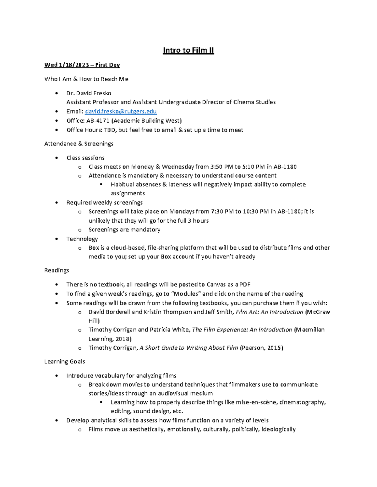 2023-01-18 Intro to Film II In-Class Notes - Intro to Film II Wed 1/18 ...