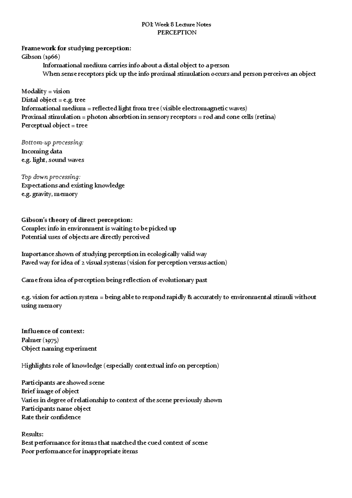 Perception Lecture Notes - PERCEPTION Framework for studying perception ...