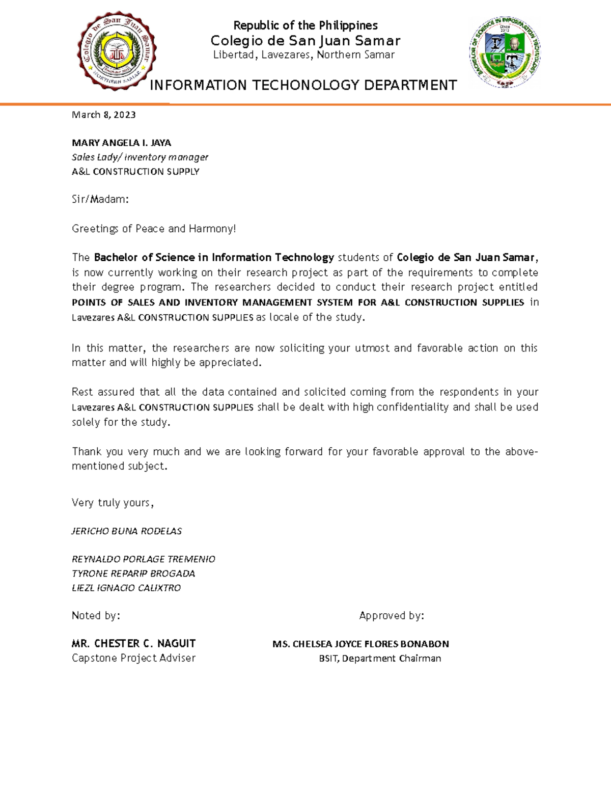 Communication-letter-template - Republic of the Philippines Colegio de ...