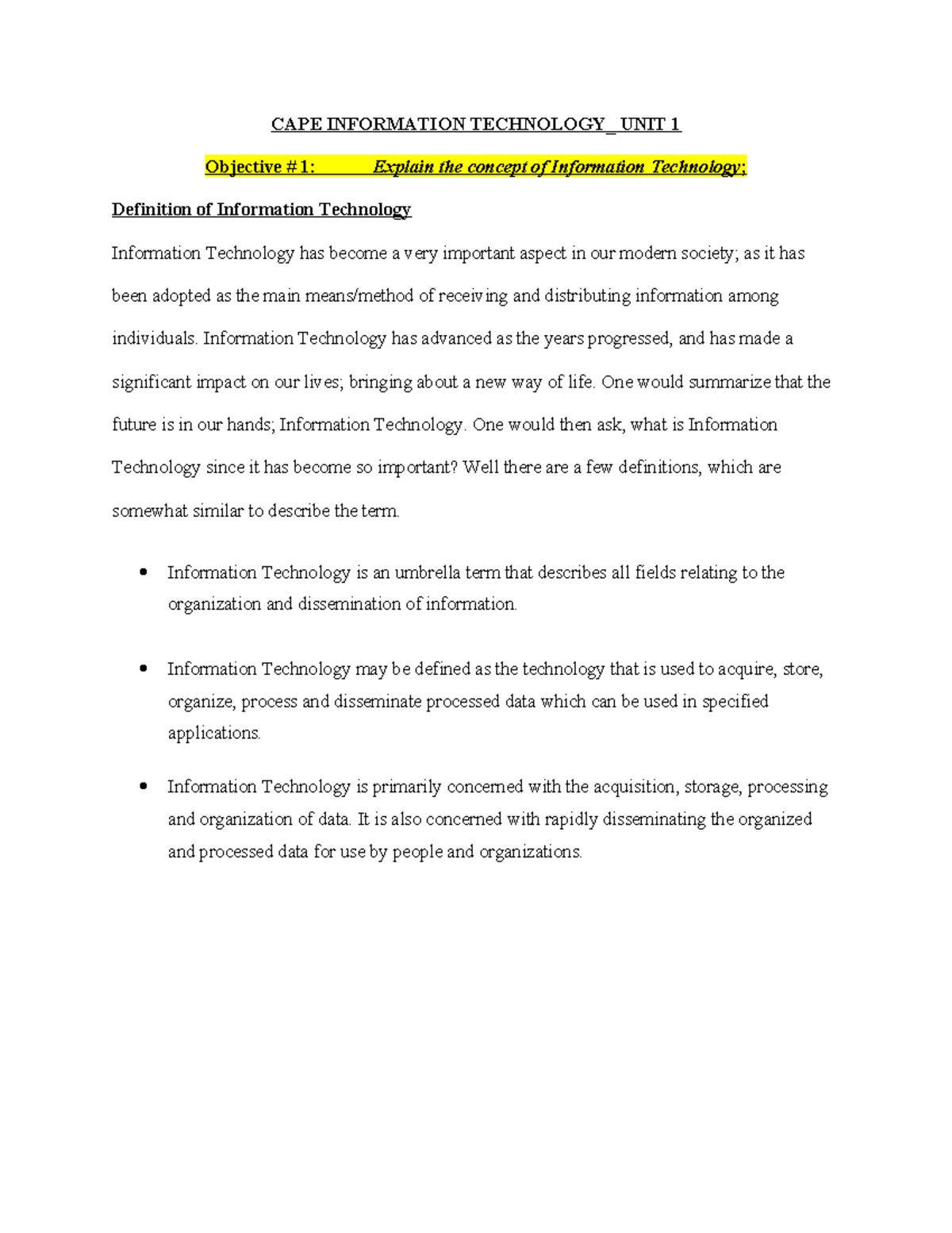 Computing Disciplines & Data & Information - CAPE INFORMATION TECHNOLOGY_ UNIT 1 Objective # 1 ...