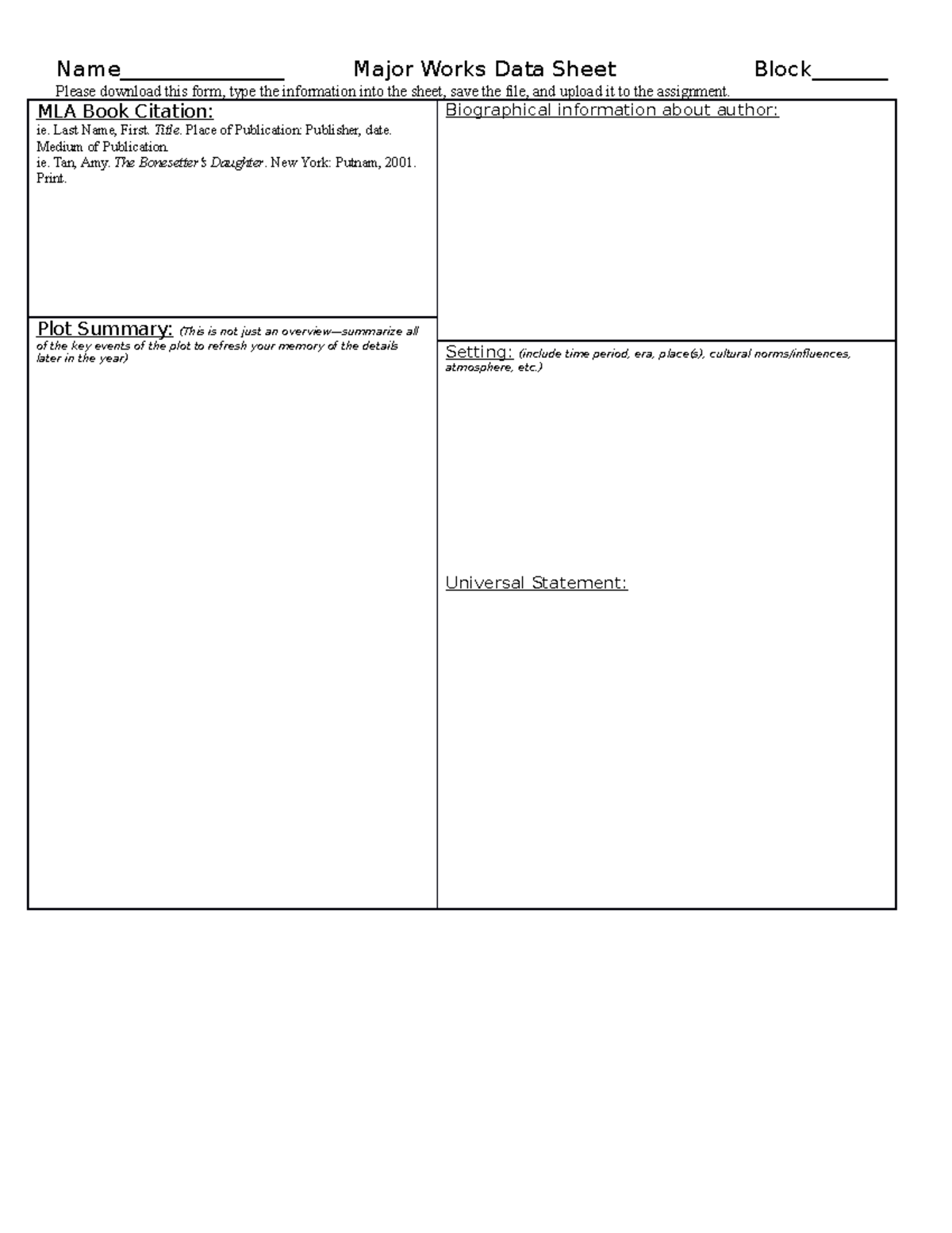 Major Works Data Sheet - MLA Book Citation: ie. Last Name, First. Title ...