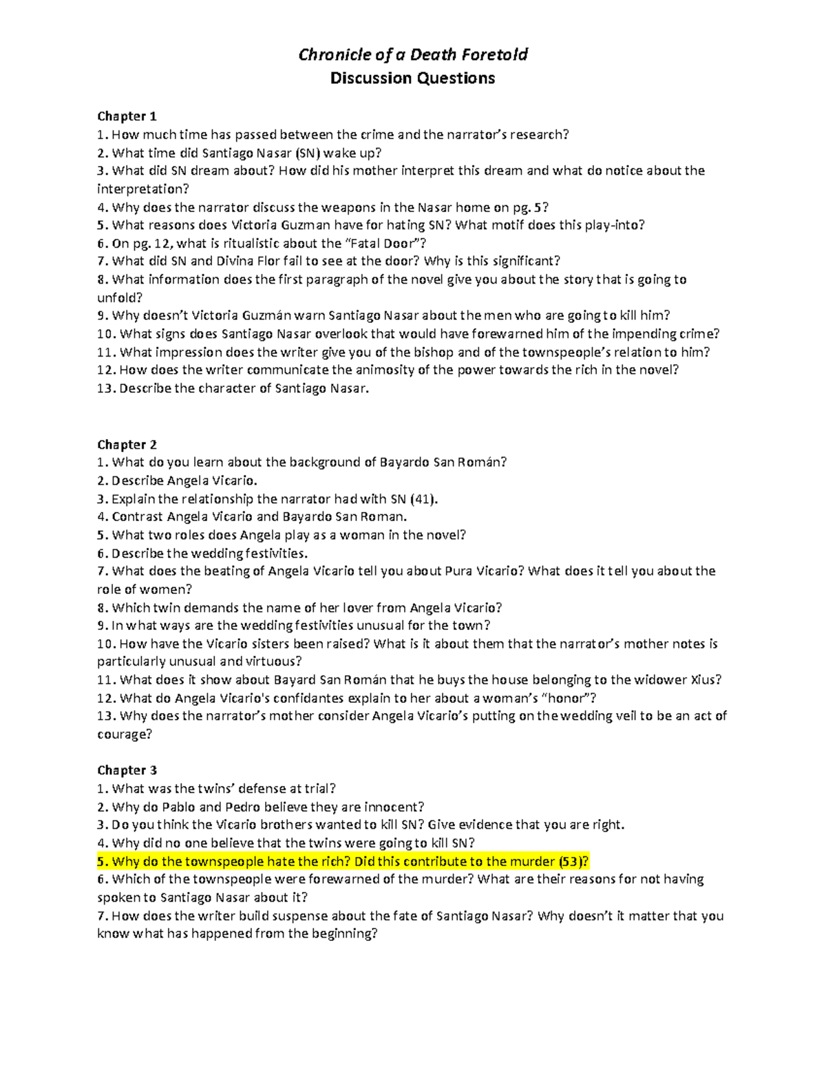 Chronicles of a death foretold-Discussion questions - Chronicle of a ...